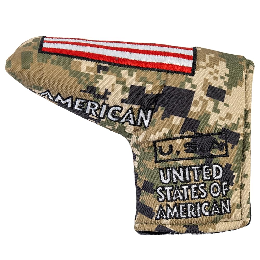 GOOACTION Camo Golf Club Blade Putter Cover Magnetic Closure Design Camouflage Green with Stars and Stripes Flag Pattern Synthetic Leather Waterproof Putters Headcover