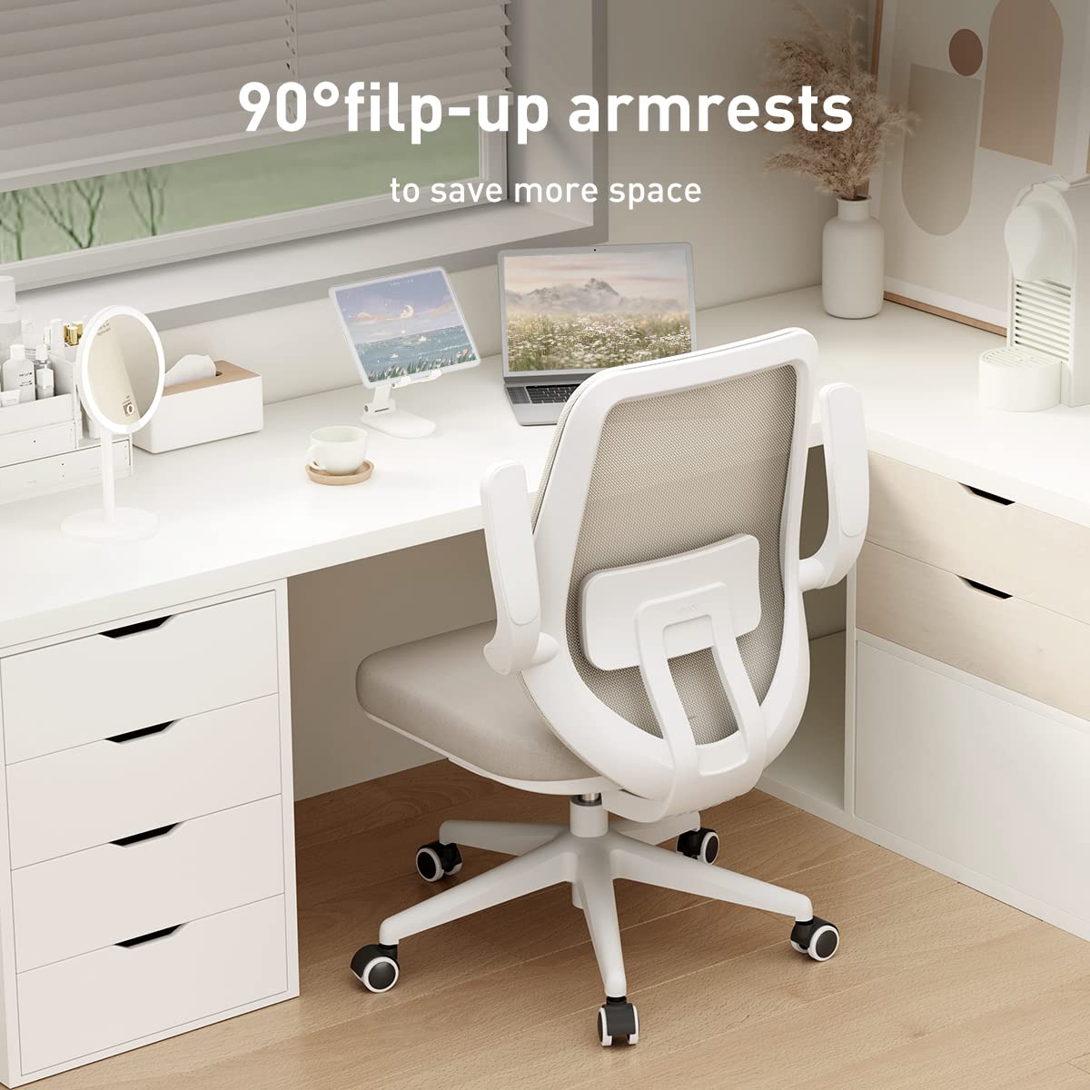 Hbada Home Office Desk Chair with Flip Up Arm, Breathable Mesh Back Lumbar Support Task Chair, Ergonomic Office Chair with Adjustable Height & PU Wheels, Swivel Computer Desk Chair, Black