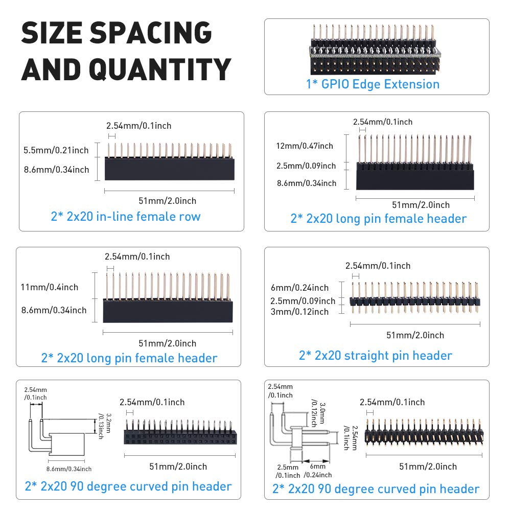 GeeekPi 2x20 40 Pin Stacking Female Header Kit for Raspberry Pi 4B/3B+/3B/2B/B+/A+/Zero/Zero W(2)/Jetson Nano/Tinker Board(7 Specifications)(13Pcs in Total)