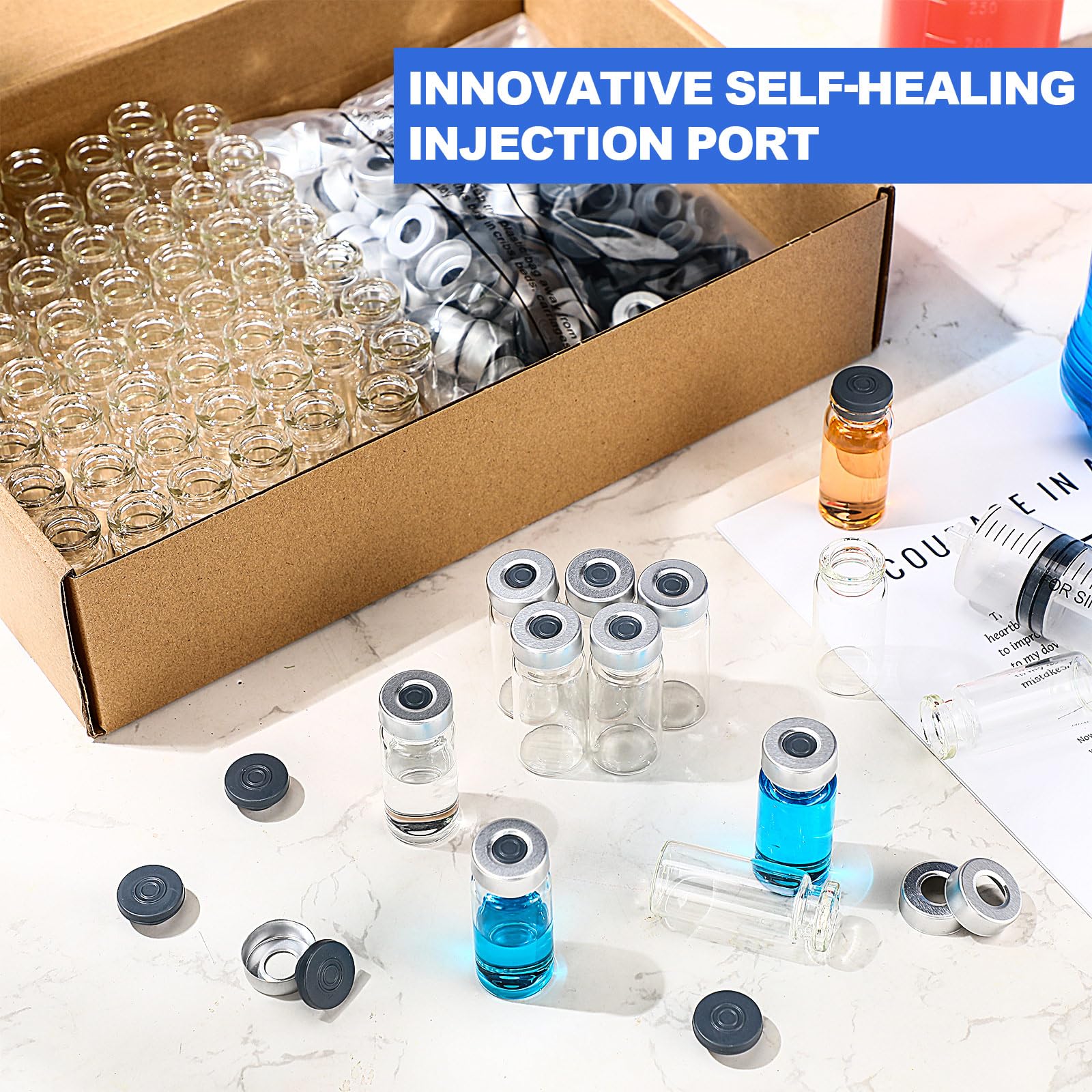Potchen 100 Pack Sterile Vials For Injections Glass Empty Bottle Bulks Lab Sample Vial With Aluminum Flip Caps And Rubber Stoppers Glass Vials with Injection Port(10 ml)