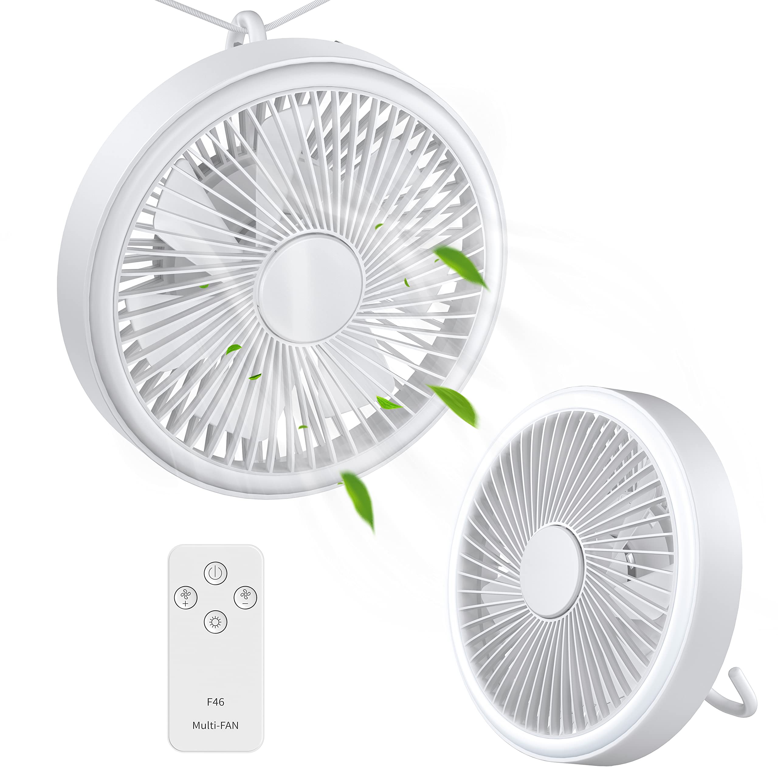 Fuleda Portable Desk Fan, Personal Rechargeable Battery Operated Fan with 3 Speed Settings & Remote Control, Camping Fan with LED Lantern & Hanging Hook for Tent, Car, Picnic, Home, Office (White)