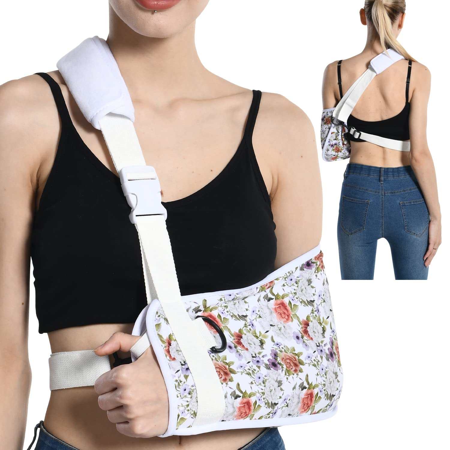 Fotgok Breathable Arm Sling with Waist Belt for Shoulder Women-Shoulder Immobilizer with Strong Support-Breathable Arm Support Brace for Shoulder Injury, Peony