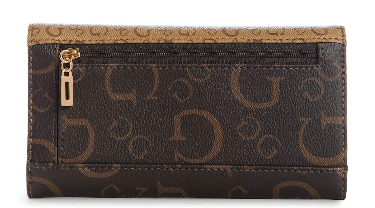 GUESS Women's Kerris Logo Print Twist Lock Trifold Slim Wallet Clutch Bag - Natural/Brown