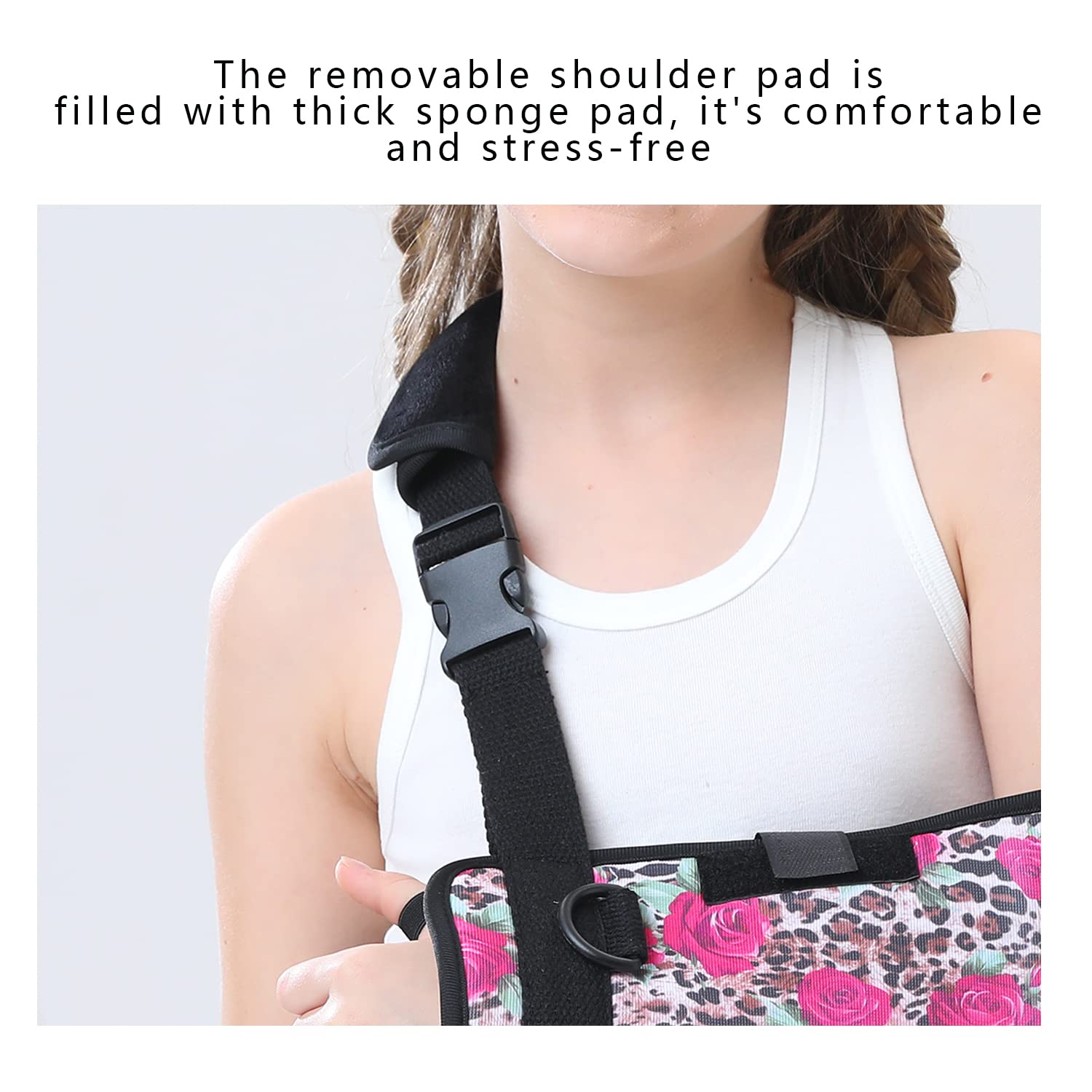 Fotgok Foam Arm Sling Elbow Brace Support with Waist Strap Rotator Cuff Support Shoulder Support Immobilizer for Shoulder Injury for Kids, for Broken, Dislocated, Fracture, Rose Leopard, Large