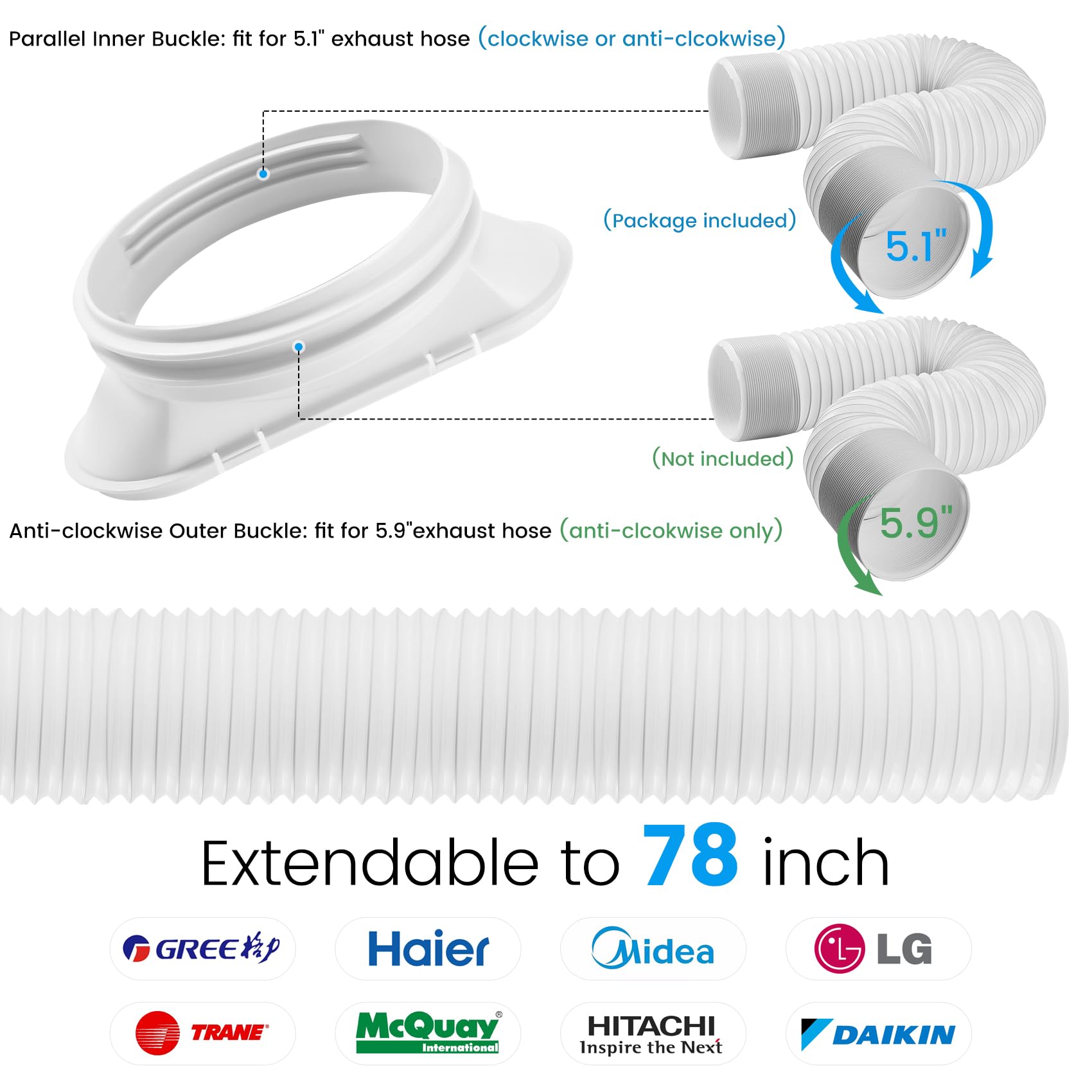 HIMONI Portable Air Conditioner Window Vent Kit, 78 Inch Exhaust Hose with 5.1 Inch Diameter, Adjustable 17-61"" Seal Plates, Seamless AC Vent Kit for Sliding Horizontal or Vertical Windows, White