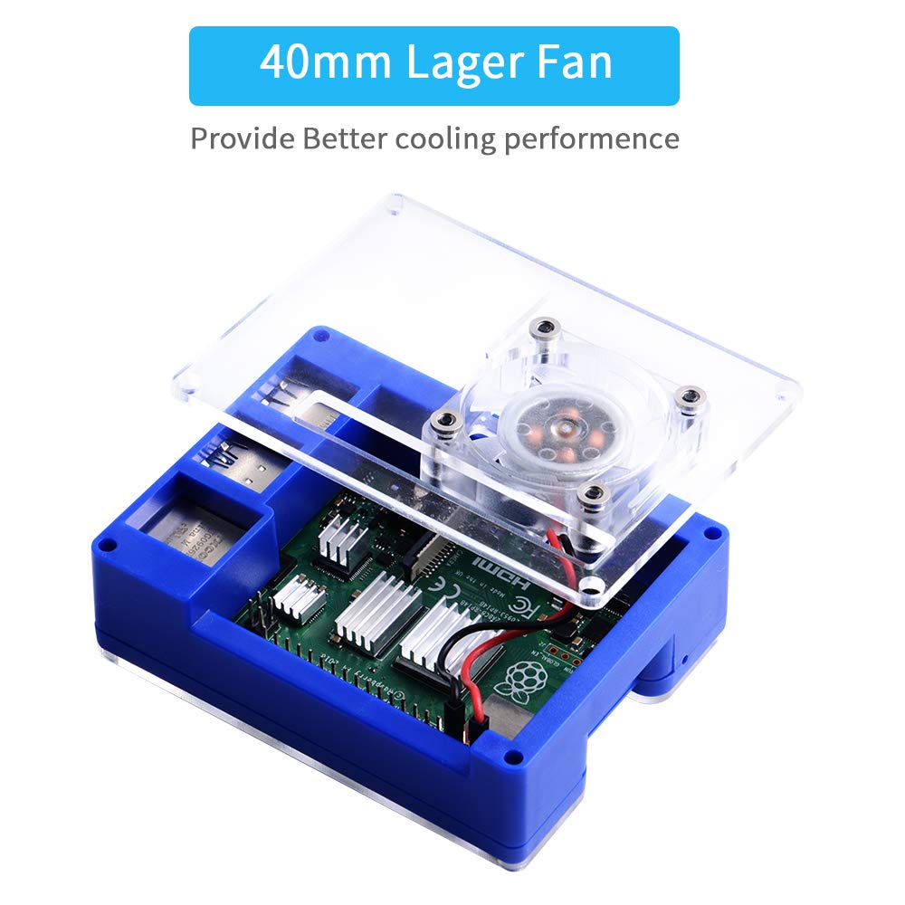 GeeekPi Case for Raspberry Pi 4, Pi 4 Case with Fan 40X40X10mm (Blue Backlight) and 4pcs Aluminum Heatsinks for Raspberry Pi 4 Model B (Blue&Clear)