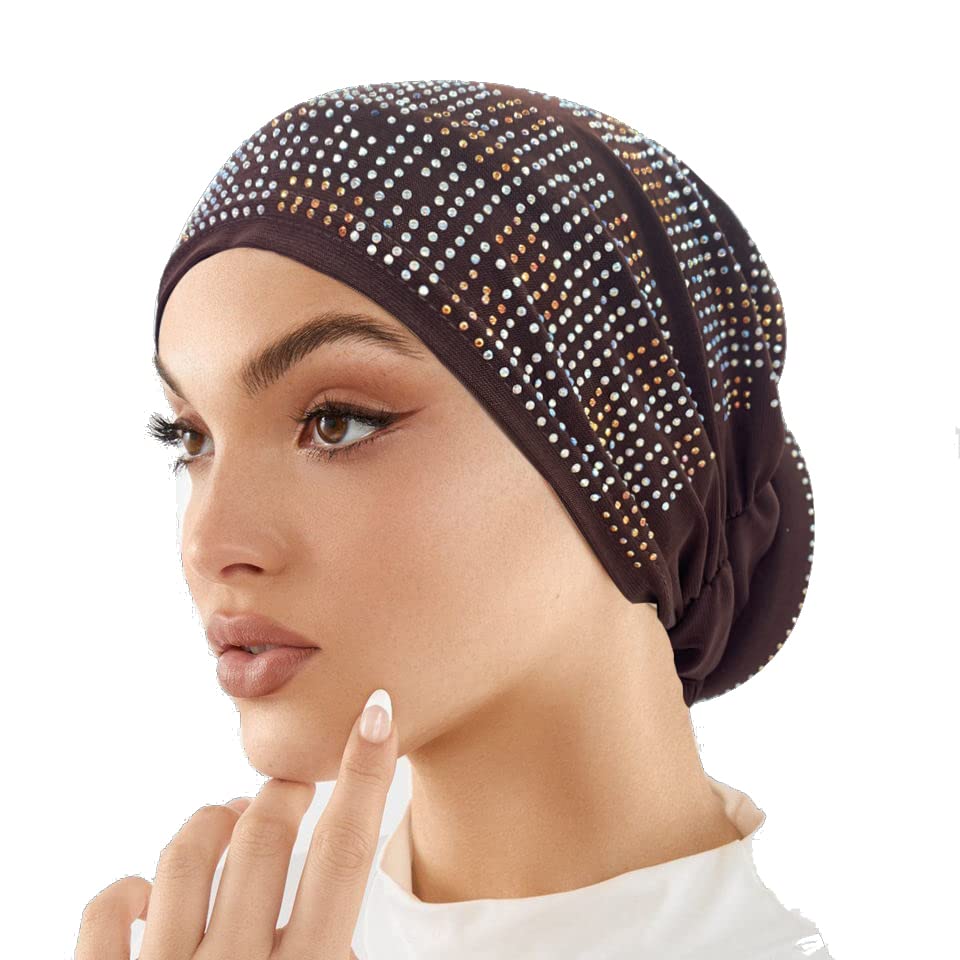 Full Body Shiny Rhinestone Women's Turban Cap Brathable African Wrap Head Bonnet Female Stretchy Muslim Under Hijab Hat (Coffee)