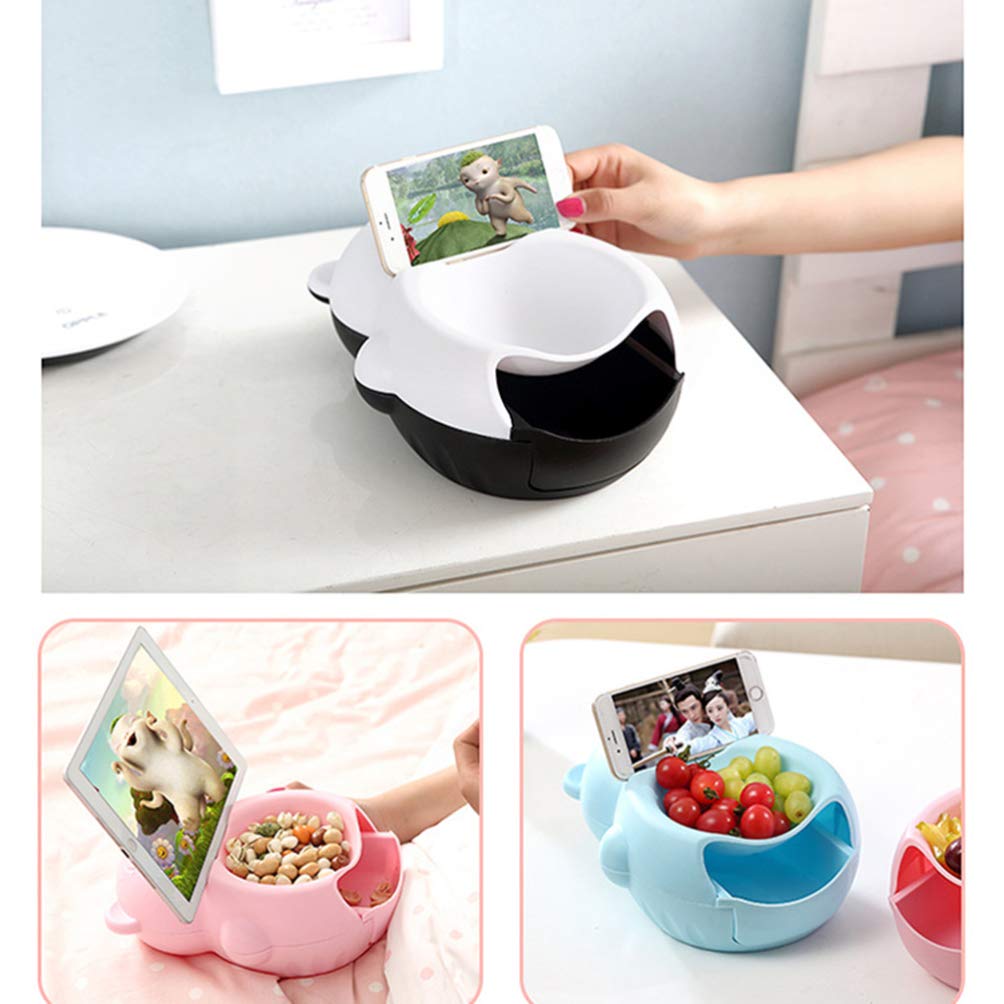 Hemoton Double Layer Snack Bowl with Phone Holder Bear Shape Lazy Candy Dish Nut Serving Plate Organizer for Pistachio Sunflower Seeds Edamame (Pink)