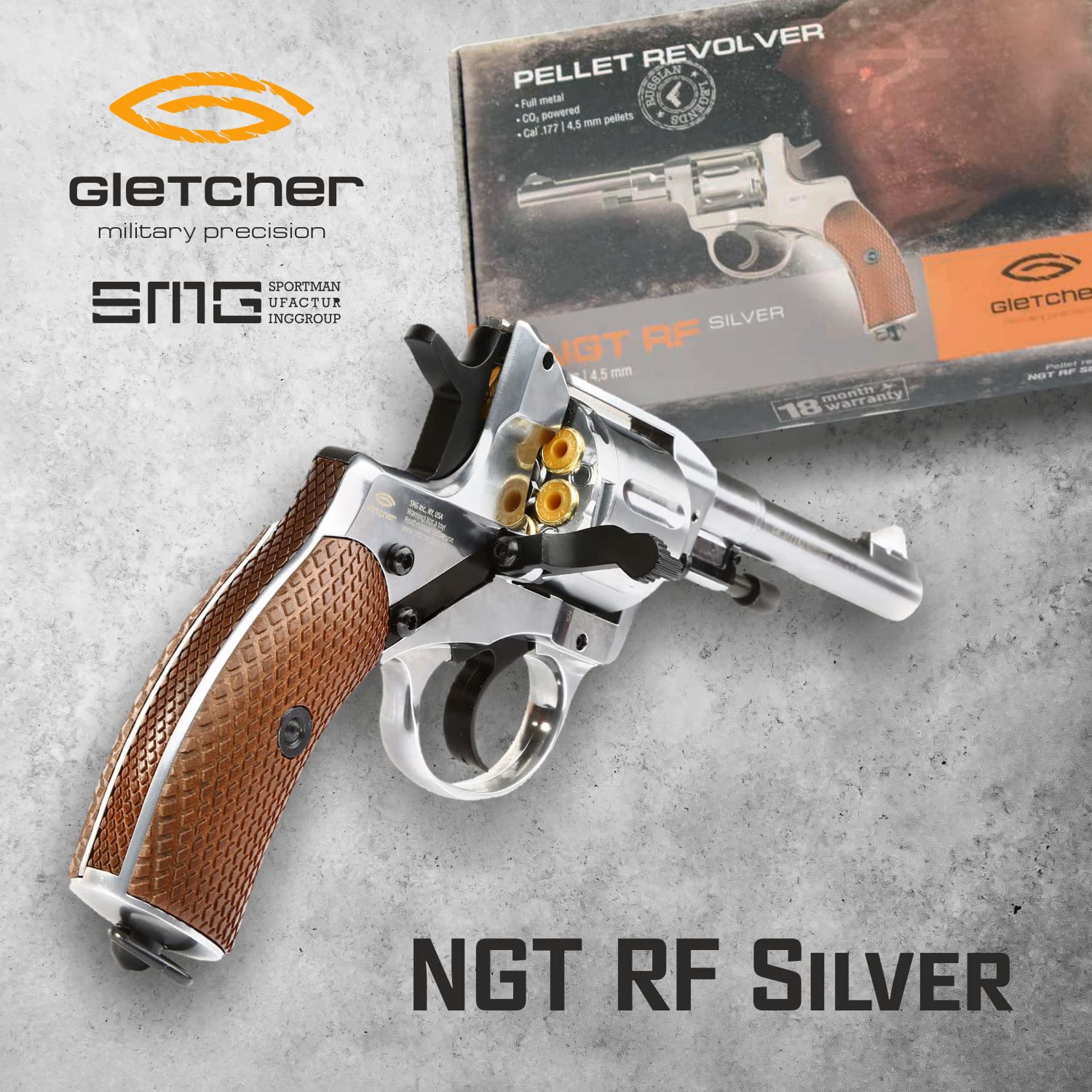 Gletcher NGT RF .177 Cal CO2 Pellet Silver Air Pistol with Safety Lever with Pack of 500x Pellets and 5xCO2 and Hard Case and Extra 7 Capsules Bundle