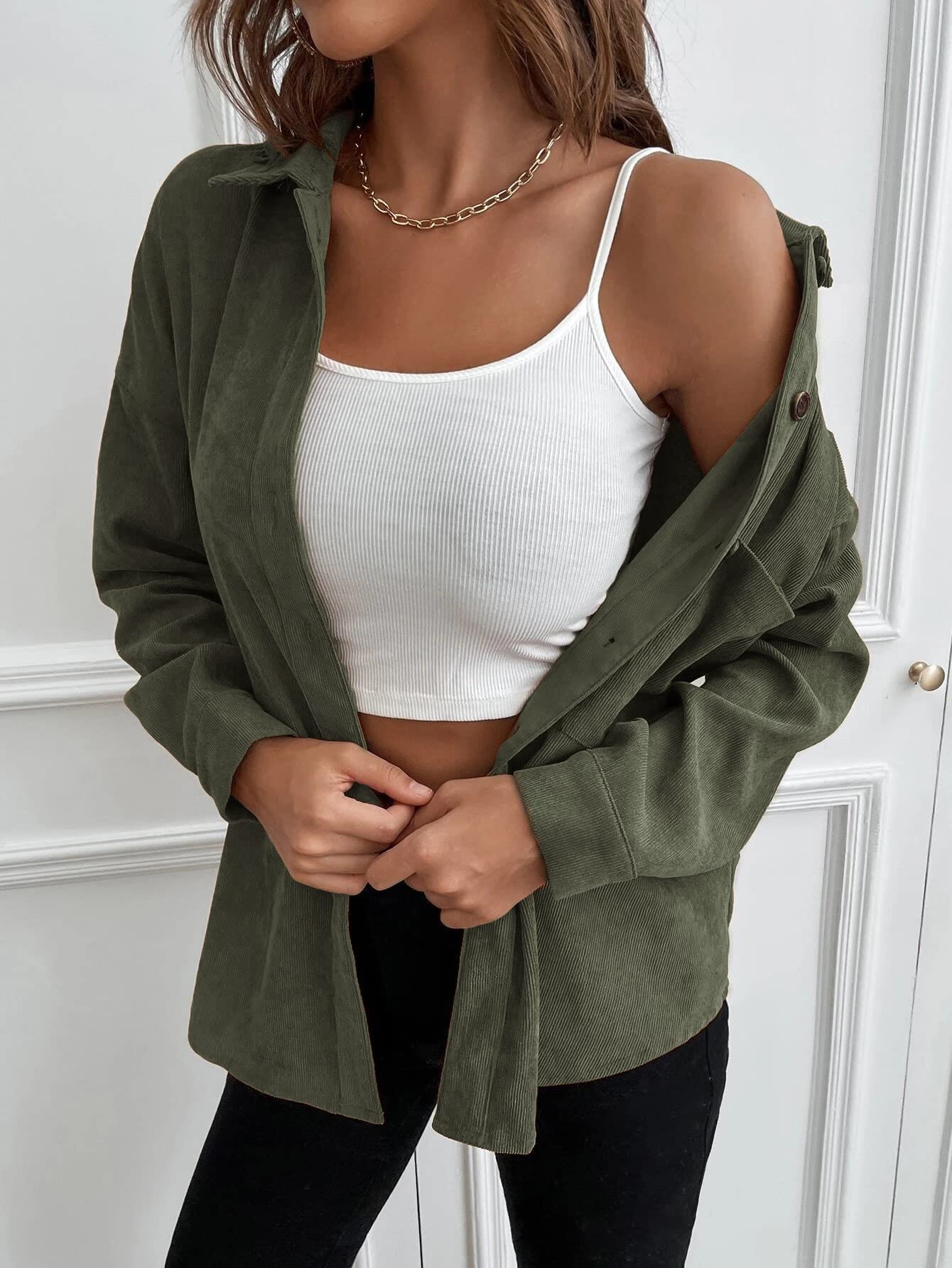 Floerns Women's Casual Long Sleeve Button Down Corduroy Shirt Blouse Top Army Green