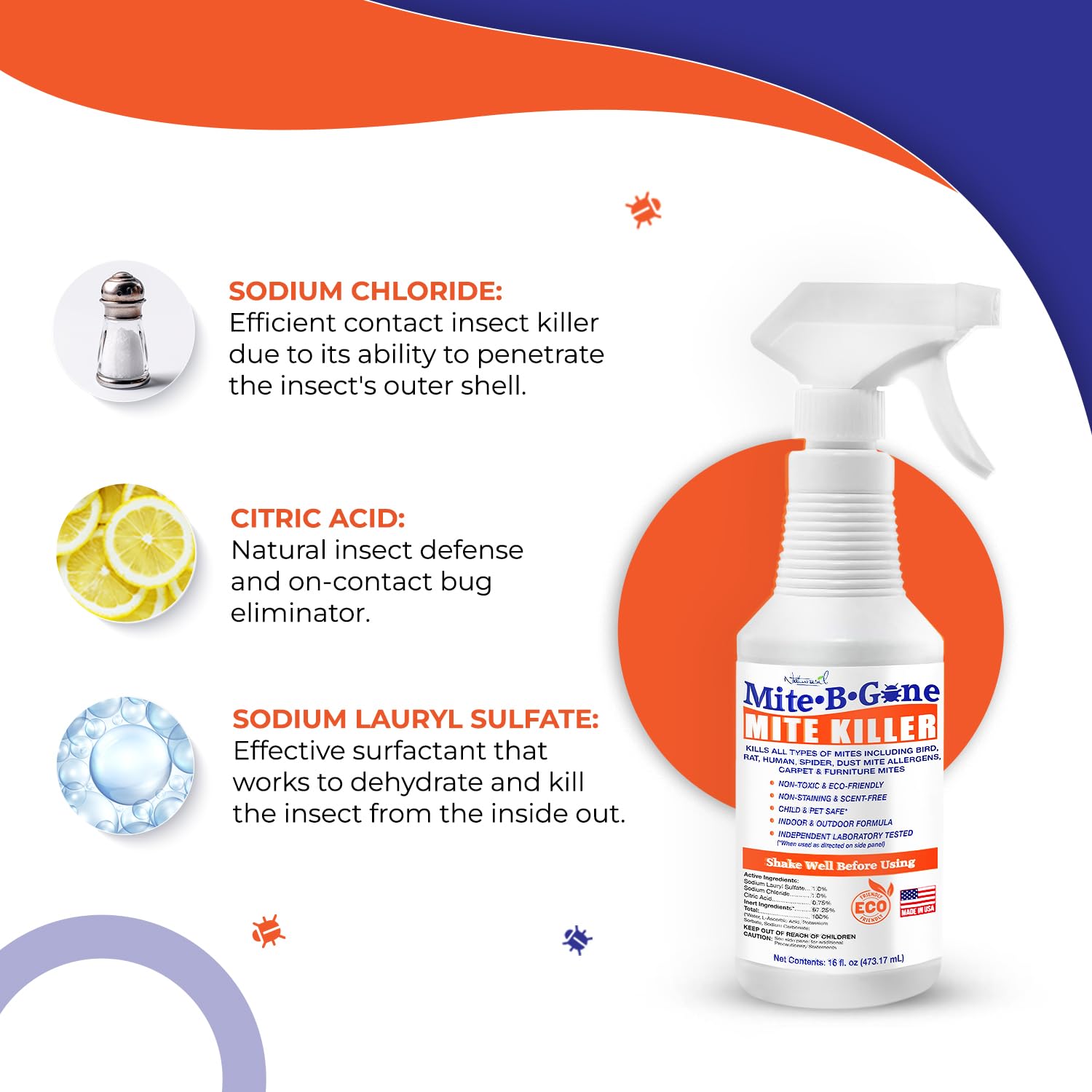 Mite Killer Spray by Mite-B-Gone β Kills Human Mites, Bird, Dust, Spider, Rat, Turkey, Carpet Mites. Treatment for Homes, Furniture, Bedding, Auto & Animals | Non-Toxic | Kid & Pet Safe | 16oz Spray