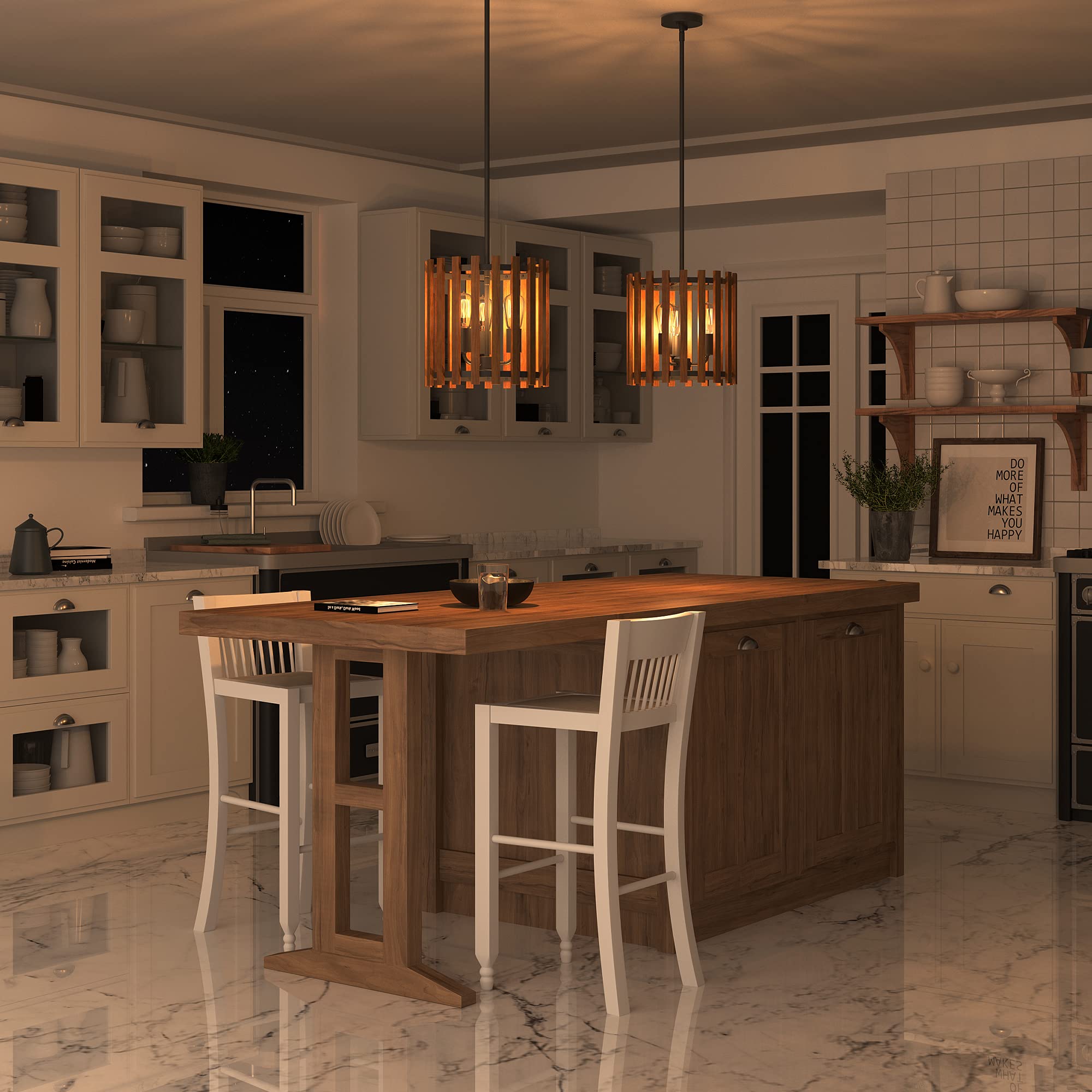 GETINLIGHT 12" W 3-Light Wood and Black Finish Farmhouse Pendant Lighting for Kitchen Island, Dining Room, Rustic Drum Hanging Pendant Light with Adjustable Height, Bulb Not Included, IN-0333-3-WD