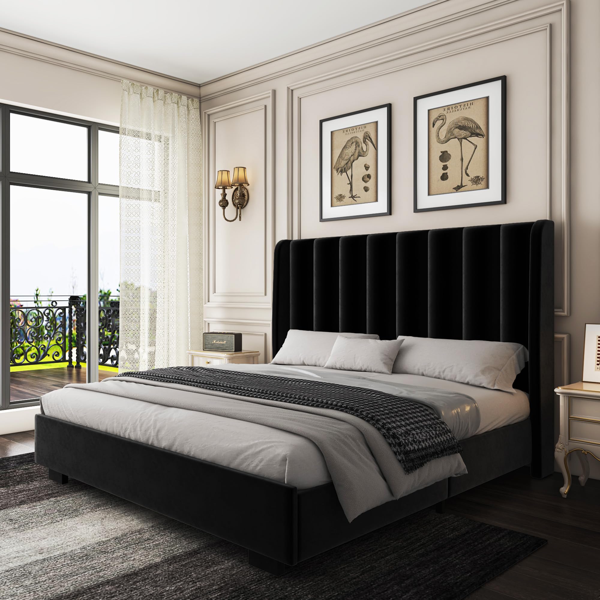 Queen Size Upholstered Lift Up Storage Bed Frame with 51.2" Tall Headboard, Velvet Wingback Tufted Design, Wood Slats Support, No Box Spring Required, Noise-Free Double Low Bed Frame (Queen,Beige)