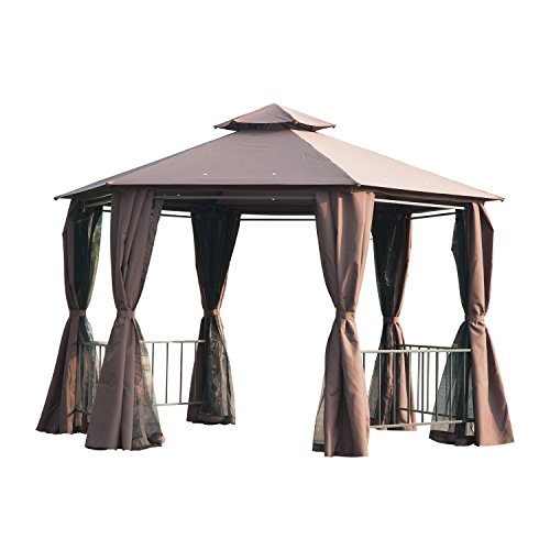 Outsunny 13' x 13' Patio Gazebo, Double Roof Hexagon Outdoor Gazebo Canopy Shelterwith Netting & Curtains, Solid Steel Frame for Garden, Lawn, Backyard and Deck, Coffee