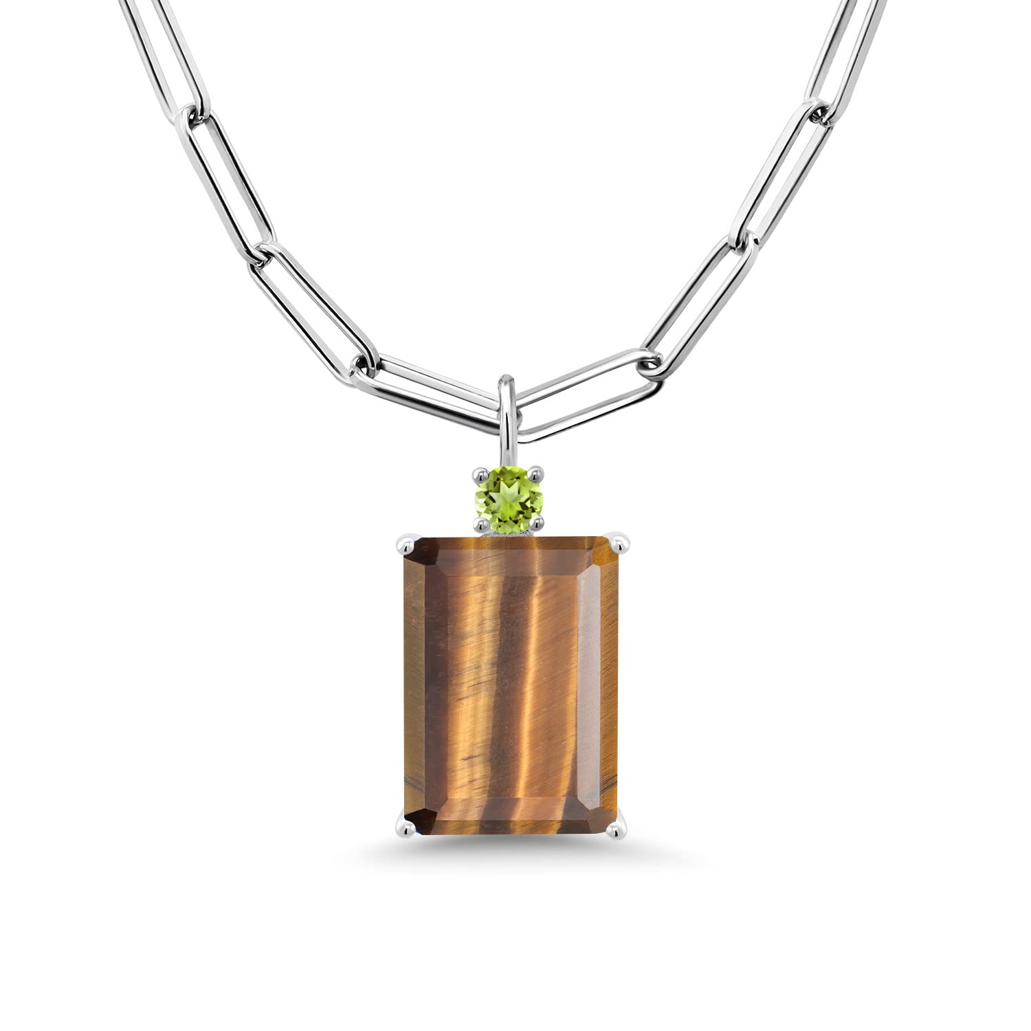 Gem Stone King 12.30 Ct Brown Tiger Eye Green Peridot 925 Sterling Silver Pendant with 3.25mm Paperclip Link Chain 18 inch with 2 inch Extender
