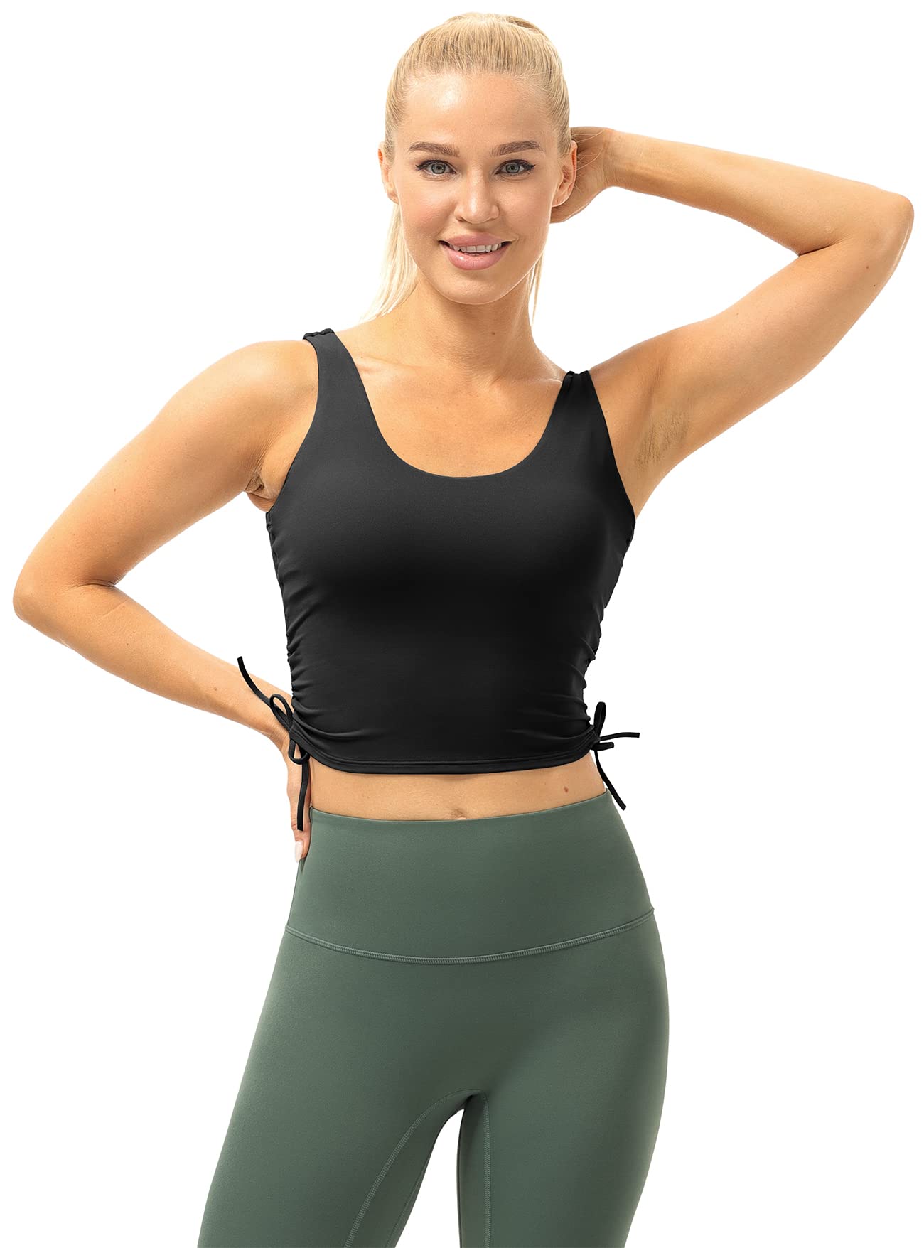 icyzone Padded Workout Tank Tops for Women, U Back Athletic Yoga Running Crop Tops with Built in Bra (Black, S)