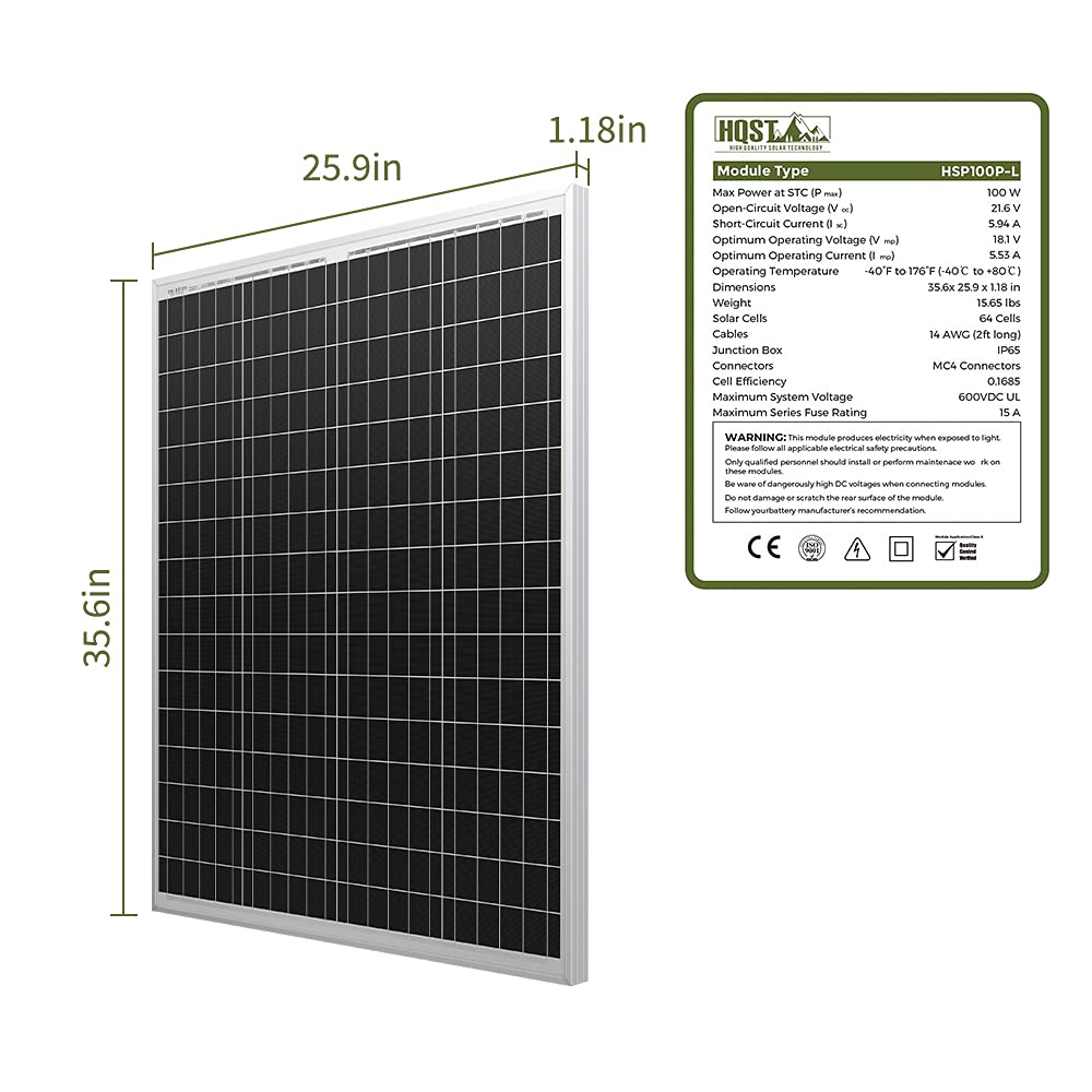 HQST 200 400 Watt Polycrystalline 12V 24V Solar Panel, High Efficiency Module PV Power for Battery Charging Boat, Caravan, RV and Any Other Off Grid Applications (100W W/ 10A)