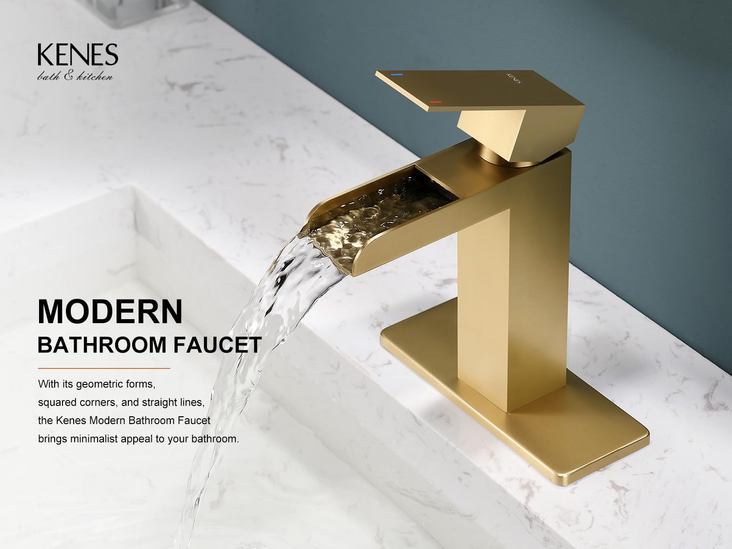 KENES Brushed Gold Waterfall Bathroom Faucet, Modern Single Hole Faucet, Gold Single Handle Bathroom Sink Faucet, with Pop Up Drain & Water Supply Hoses LJ-9035-4