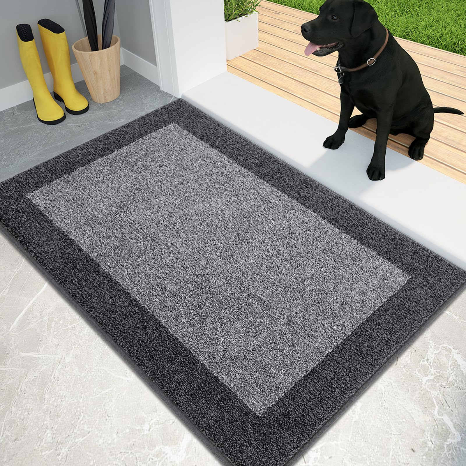 PURRUGS Dirt Trapper Door Mat 20" x 32", Non-Slip/Skid Machine Washable Entryway Rug, Shoes Scraper, Throw Rug, Super Absorbent Area Rug for Muddy Wet Shoes and Paws, Light Grey & Grey