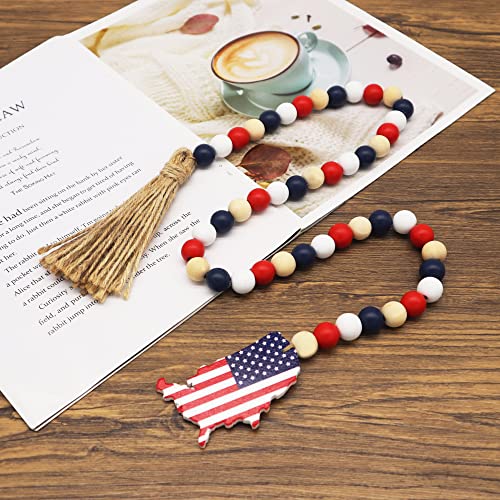 Wooden Beads Decor,Fall Decorations for Tiered Tray Decor Wood Bead Garland, Farmhouse Decor Beads with Tassel, Prayer Boho Beads Big Wall Hanging Decor (Red, White, Blue)