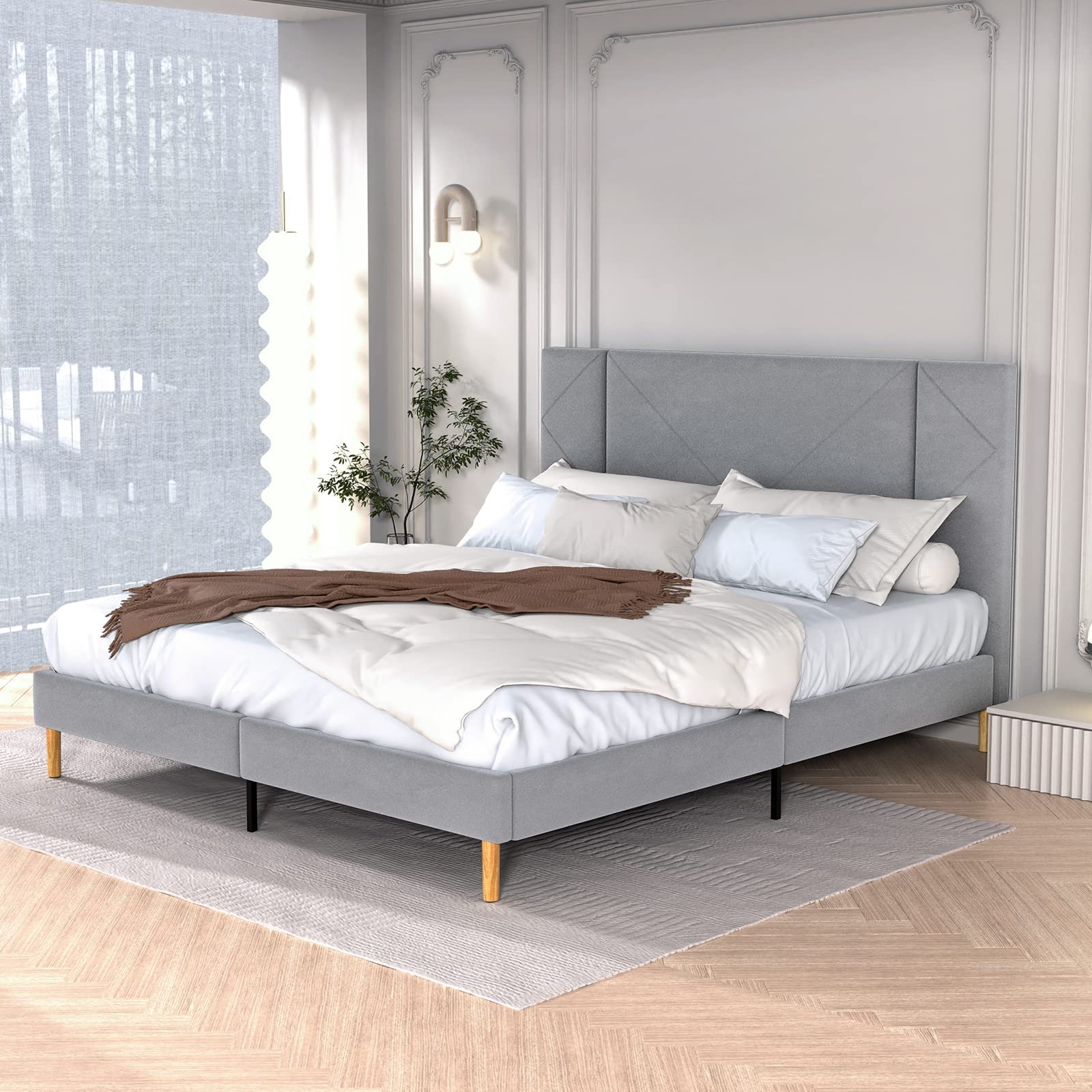 Flolinda King Size Bed Frame and Headboard, Velvet Upholstered Tufted Bed Frame King, Mattress Foundation with Sprung Slats, King Bed Frame No Box Spring Needed, Easy Assembly
