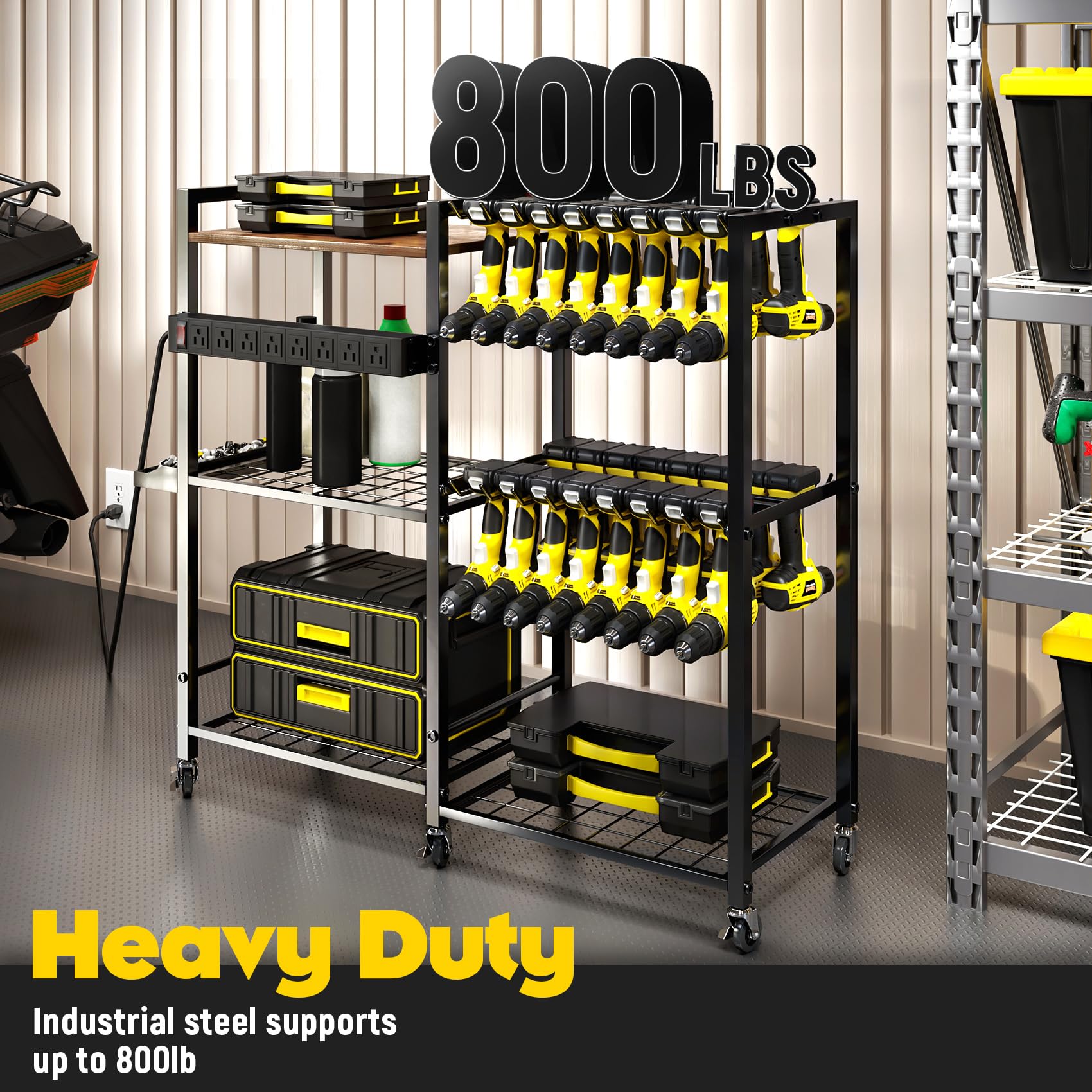 TC-HOMENY Power Tool Organizer Garage Storage with Charging Power Strip, 28 Drill Rack Tool Holder Racks Rolling Tool Cart on Wheels, Tool Shelf Organizer, Garage Workshop Gifts for Men Dads