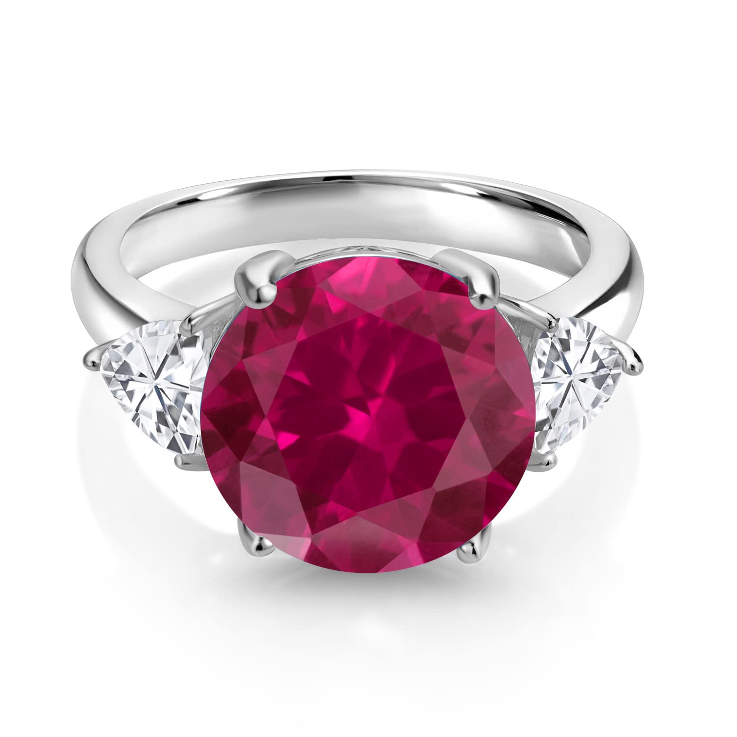 Gem Stone King 925 Sterling Silver Red Created Ruby 3-Stone Ring For Women (8.54 Cttw, Round 12MM, Trillion 5MM, Available In Size 5, 6, 7, 8, 9)