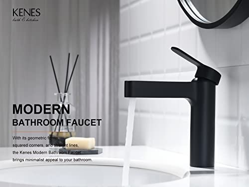 KENES Single Handle Bathroom Faucet, Matte Black Modern Single Hole Bathroom Sink Faucet with Deck Plate, Stainless Steel Lavatory Vanity Faucet Supply Lines Included, KE-9010-2