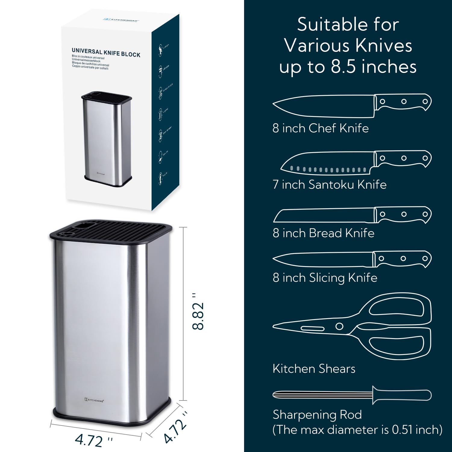 KITCHENDAO XL Stainless Steel Universal Knife Block Holder Without Knives, with Slots for Scissors and Sharpening Rod, Detachable for Easy Cleaning, Slotless Knife Holder Storage for Kitchen Counter