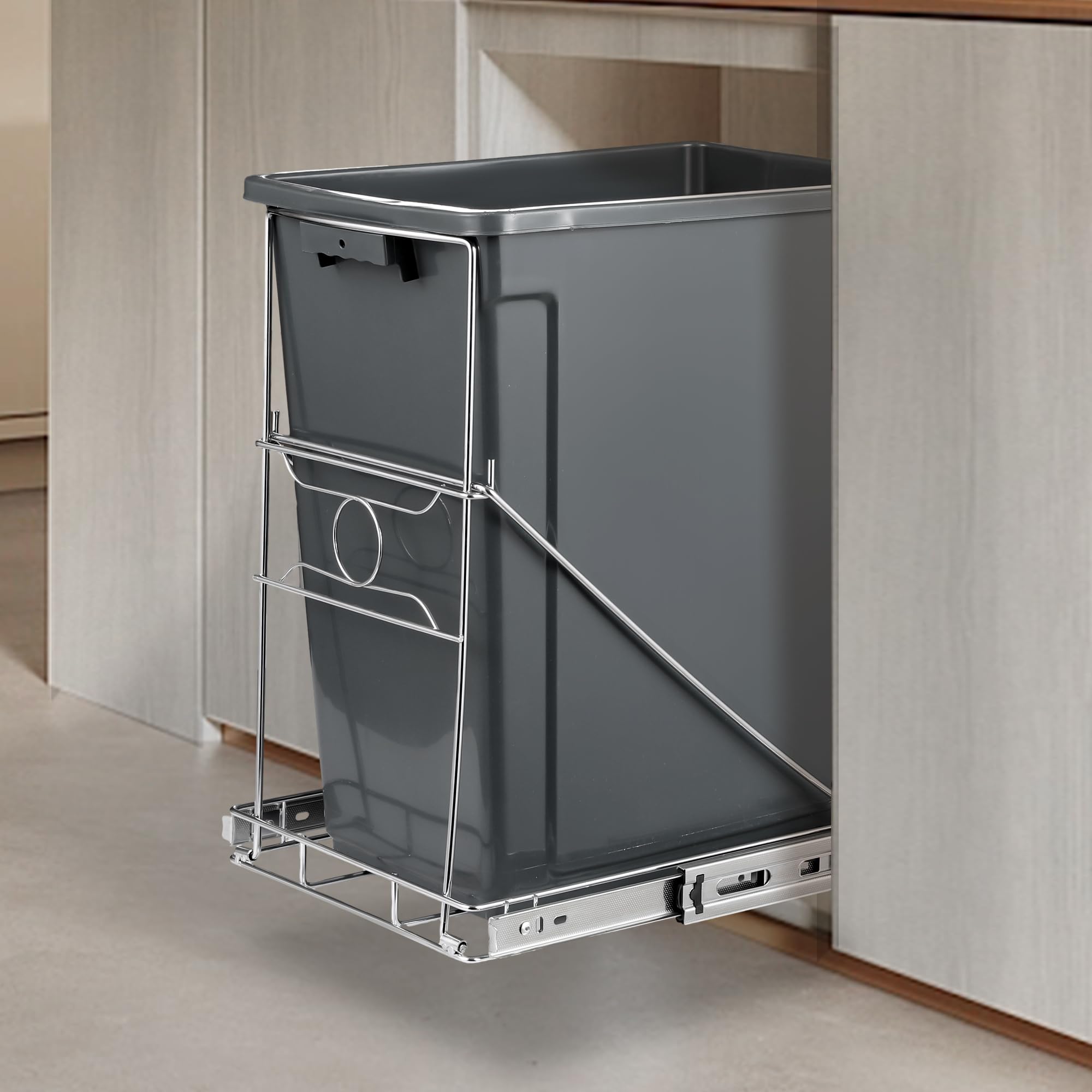 Pull Out Trash Can, Stainless Steel Kitchen Adjustable Trash Slide Out Shelf, Cabinet Trash Can Pull Out Kit, Fit 7-11 Gallon Garbage Can (Trash Can Not Included, Silver)