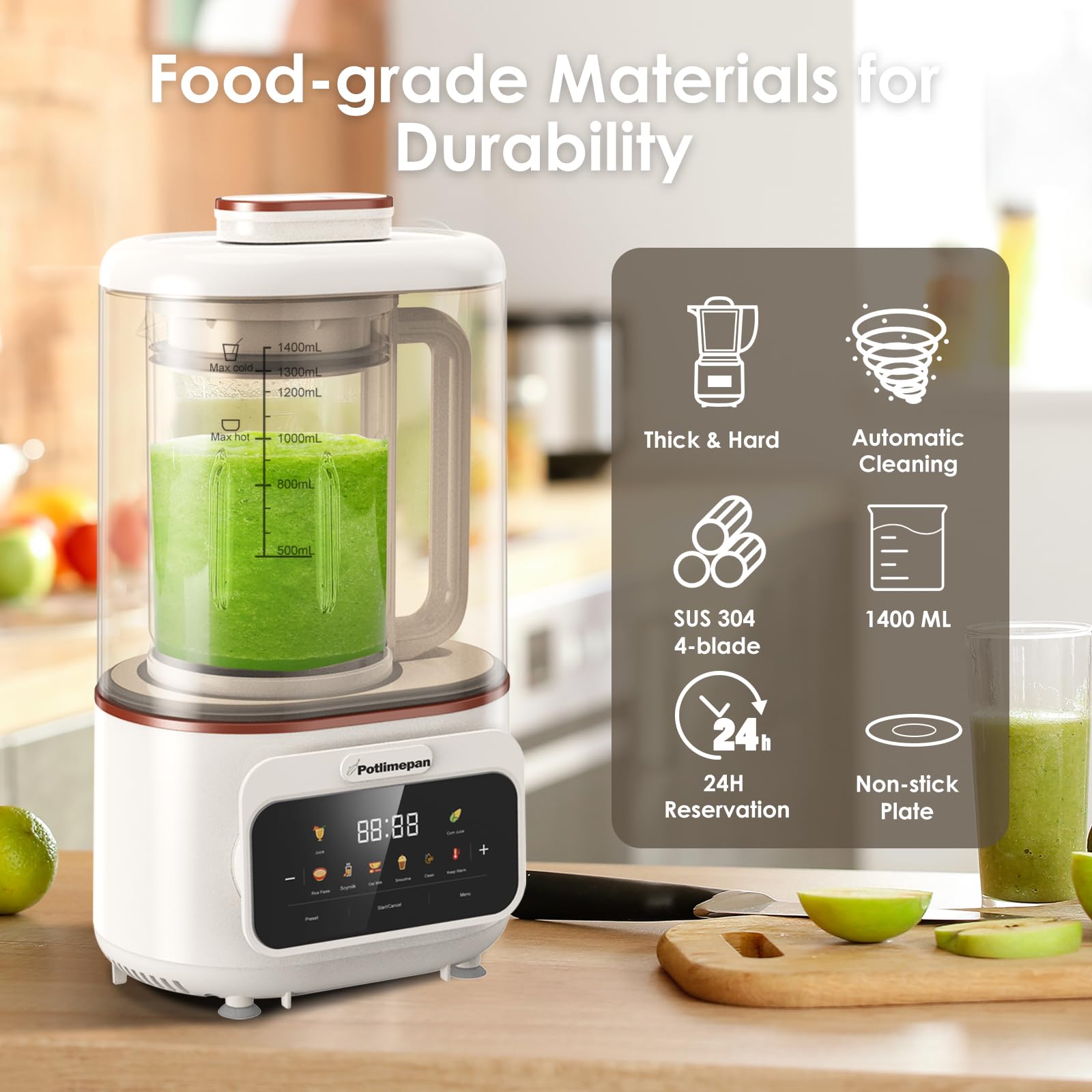 Potlimepan 8in1 Quite Cooking Blender, 1.4L 600W Countertop Blender with Silent Shield, Hot&Cold Kitchen Blender 8 Programs with 24H Preset, Self-Cleaning, for Smoothie Soy Milk Oat Milk and Juice
