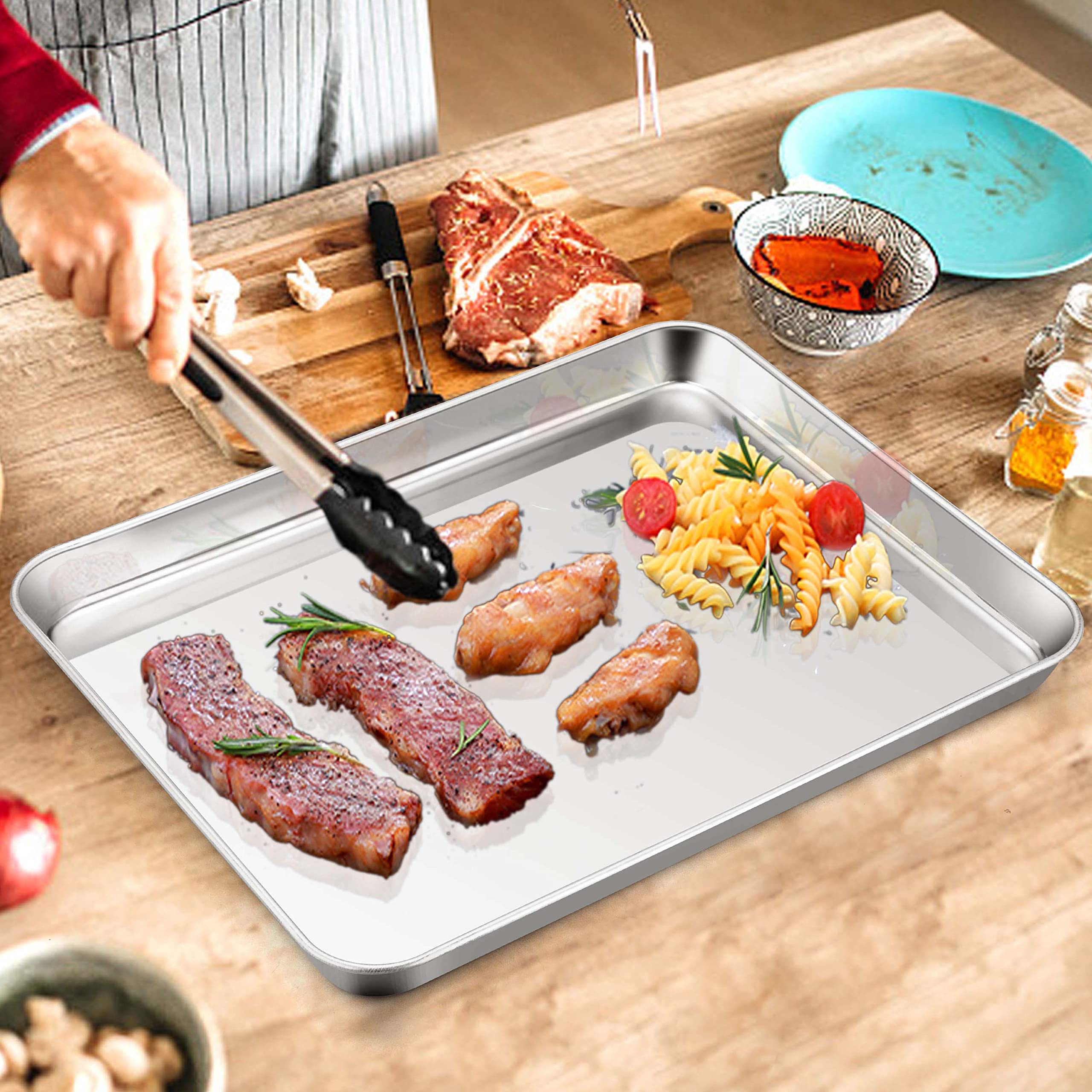 Homikit Baking Pan Cookie Sheet Set of 2, 16 x 12 Stainless Steel Rimmed Half Sheet, Metal Flat Cooking Tray Pans for Oven Baking Toasting, Rust free & Heavy Duty, Nonstick & Dishwasher Safe