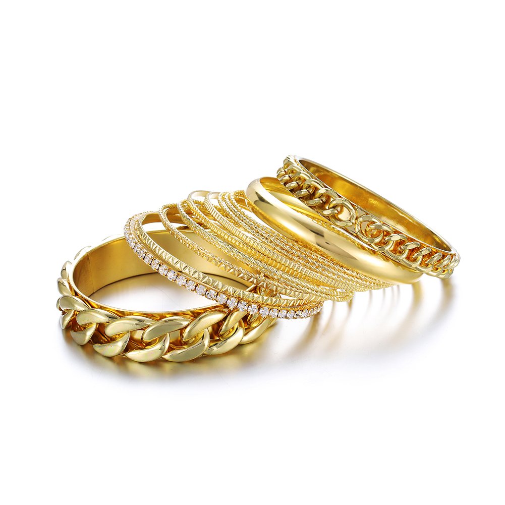 Ensoul Fashion Gold Color Multiple Textured Metal Bracelets & Bangles Set 14Pcs/Set W/Rhinestones