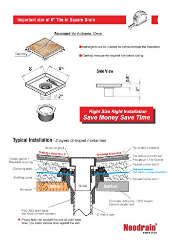 Neodrain 6-Inch Square Shower Drain with Removable Tile Insert Grate,Brushed 304 Stainless Steel, with Watermark&CUPC Certified, Includes Hair Strainer