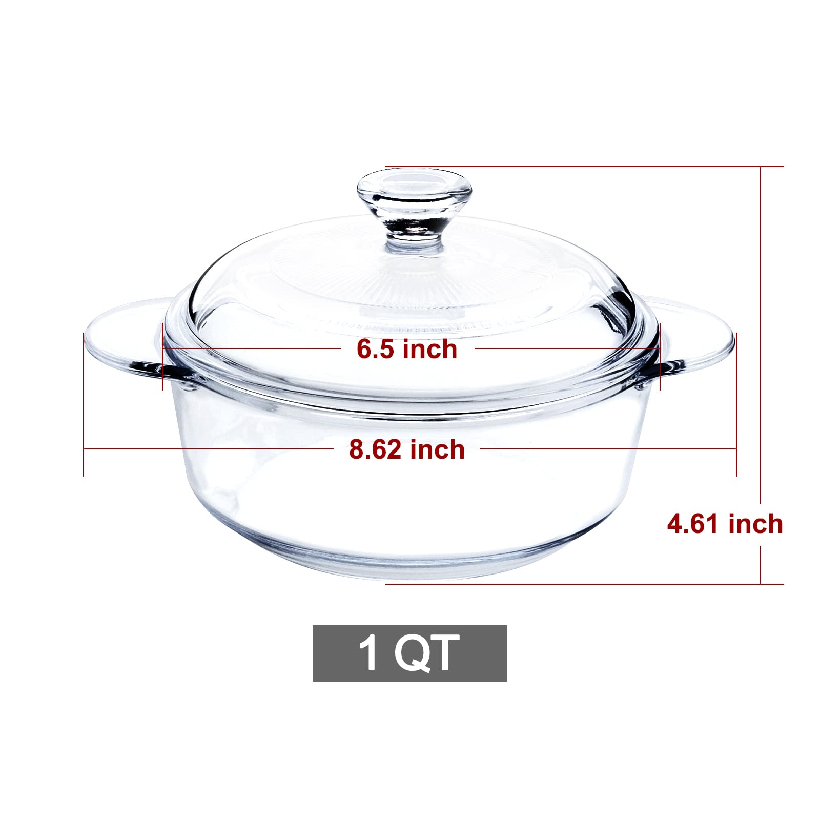 HUSANMP Clear Round Glass Casserole with Lid, Baking Dish with Glass Cover, Glass Casserole for Oven, Freezer and Dishwasher Safe (1-Quart Round)