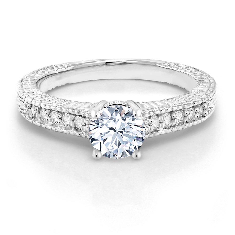 Gem Stone King 925 Sterling Silver White Created Sapphire Women's Engagement Ring (1.35 Cttw Round Cut, Available in size 5, 6, 7, 8, 9)