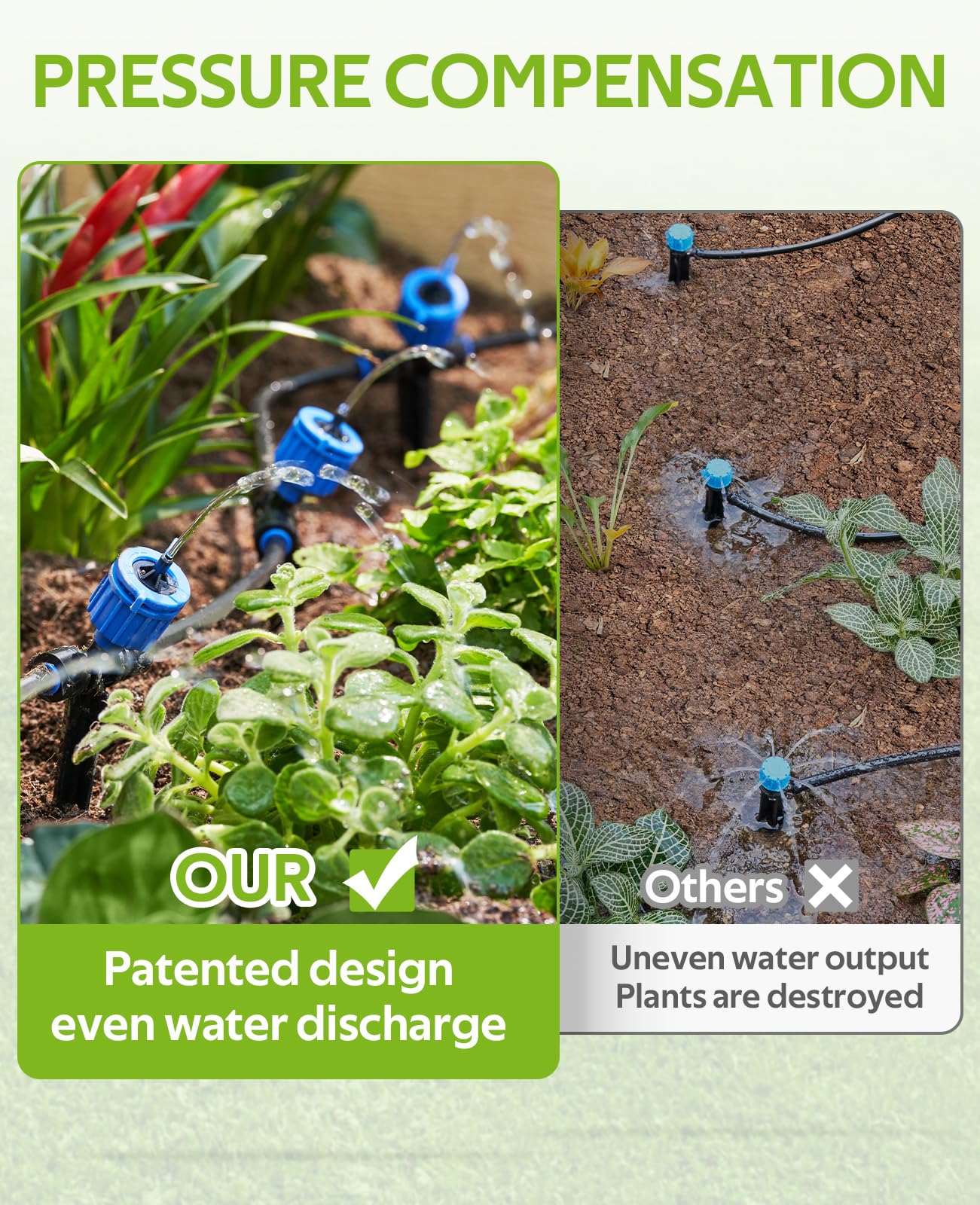 HIRALIY 50FT Garden Watering System with 12Pcs Pressure Compensation Drippers and 5-Way Connector, New Quick Connector Drip Irrigation Kits, Irrigation System for Plant