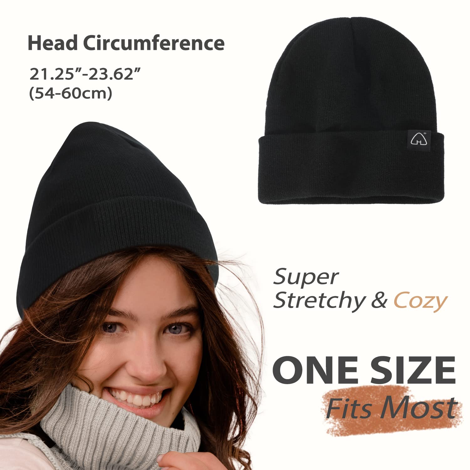 Hat Hut Satin Lined Beanie Hat for Women Cuffed Winter Hats for Curly Hair Silk Lining Slouchy Ski Beanie Hat Warm Skull Cap (Black)