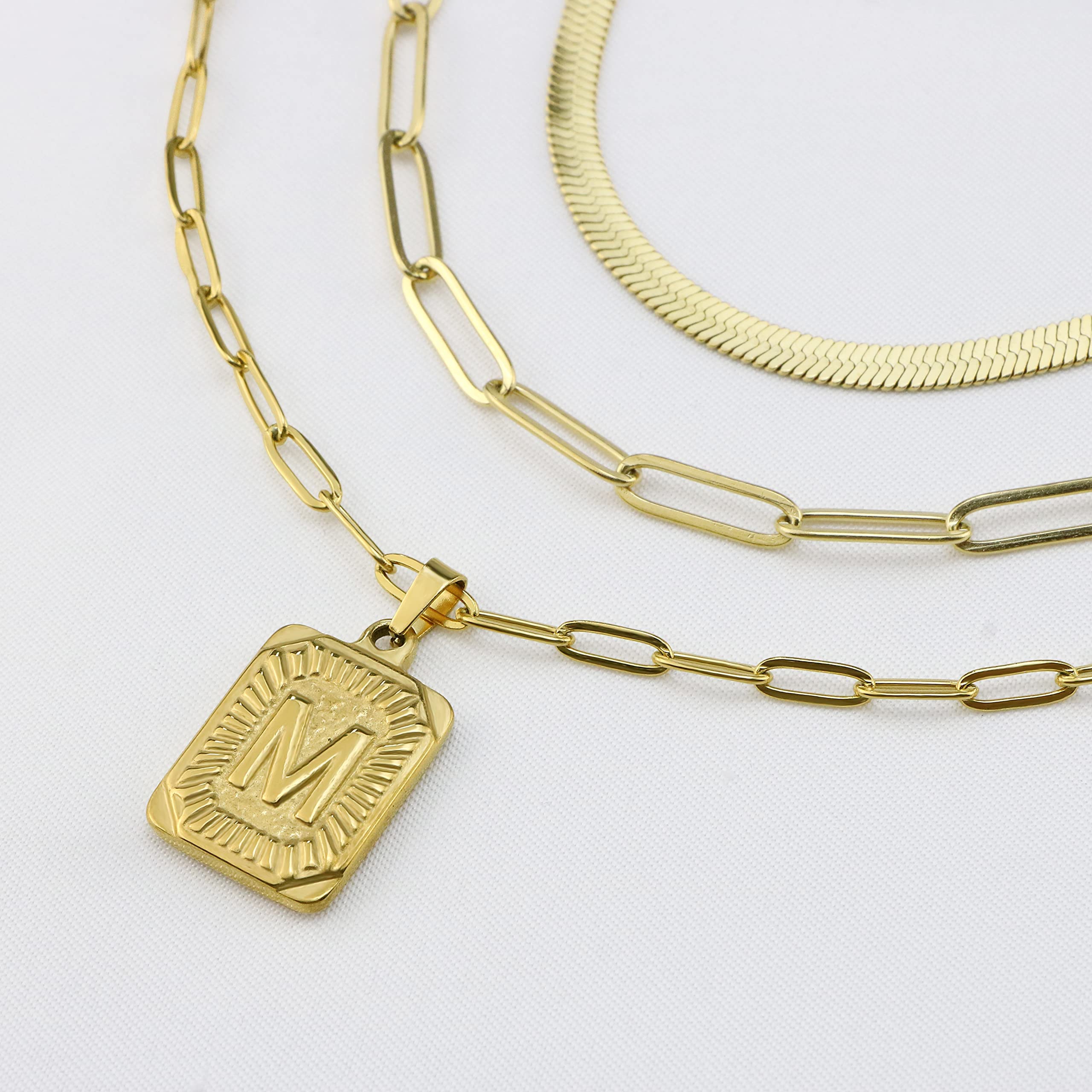JoycuFF Layered Necklaces for Women, Initial 18K Gold Plated Paperclip Necklaces Herringbone Chain Simple Cute Letter Pendent Gold Initial Necklaces A