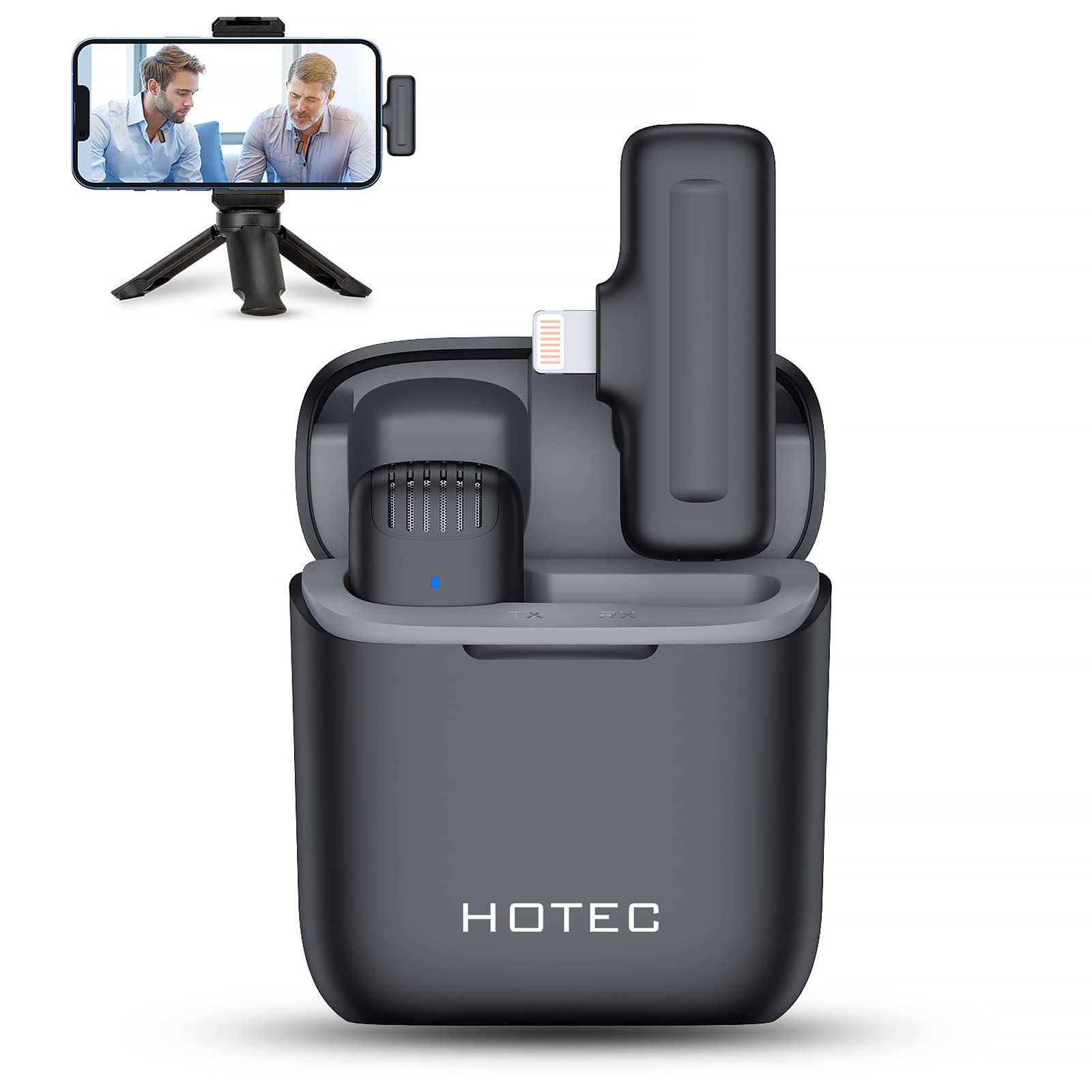 HOTEC Wireless Lavalier Lapel Microphone for iPhone iPad with Charging Case for Live Stream Video Recording