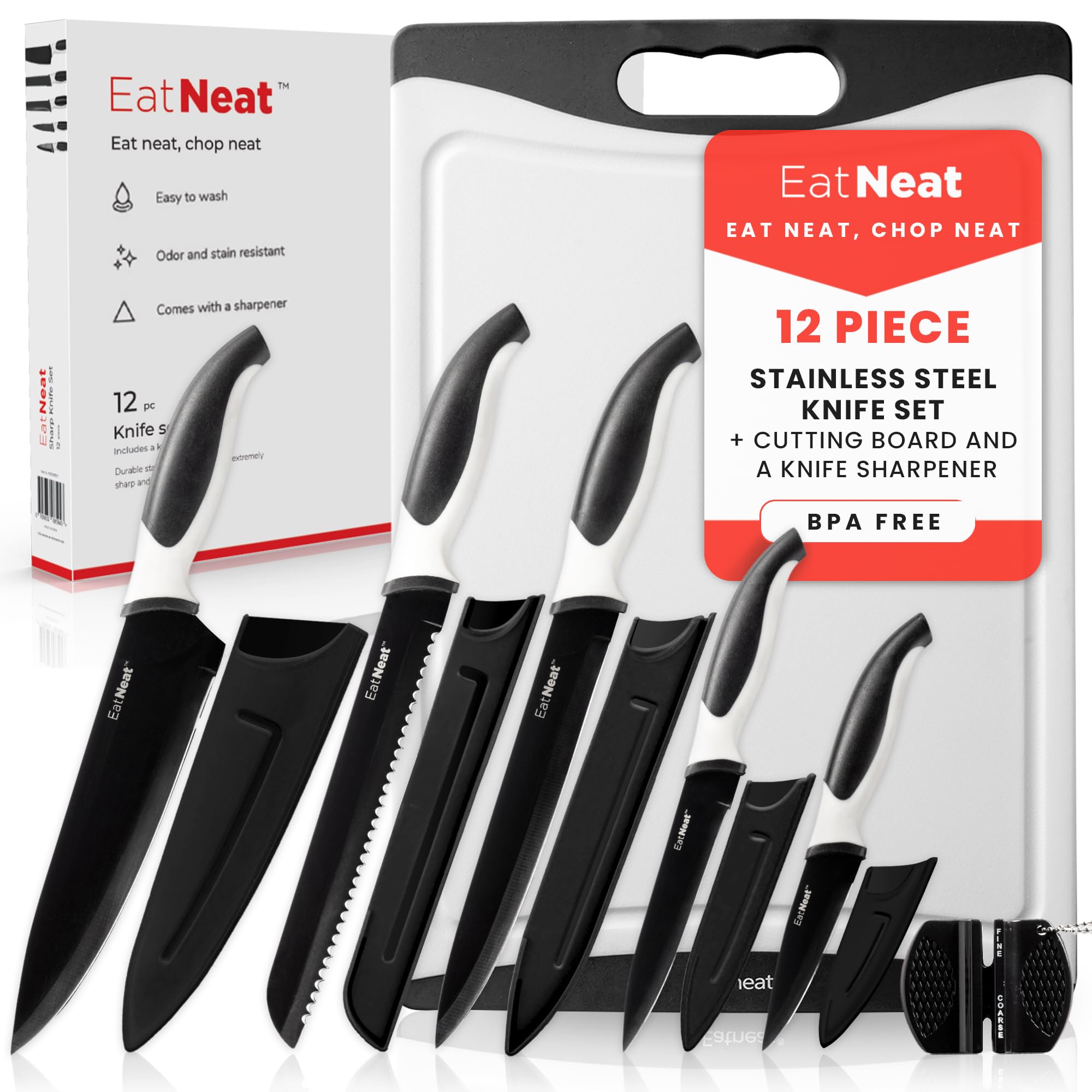 EatNeat 8 Pcs Knives & Cutting Board Set - Stainless Steel Chef's Knives Set with Bamboo Block, Durable Cutlery, Razor - Sharp Knife, Ergonomic Handles, Dishwasher Safe, & Includes Honing Rod