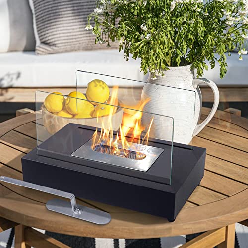 Tabletop Fireplace, Upgrades Rectangle Tabletop Bio Ethanol Fireplace Indoor Outdoor Fire Pit Portable Fire Bowl Pot Fireplace in Black, Realistic Burning, 13'' x 7'' x 8''