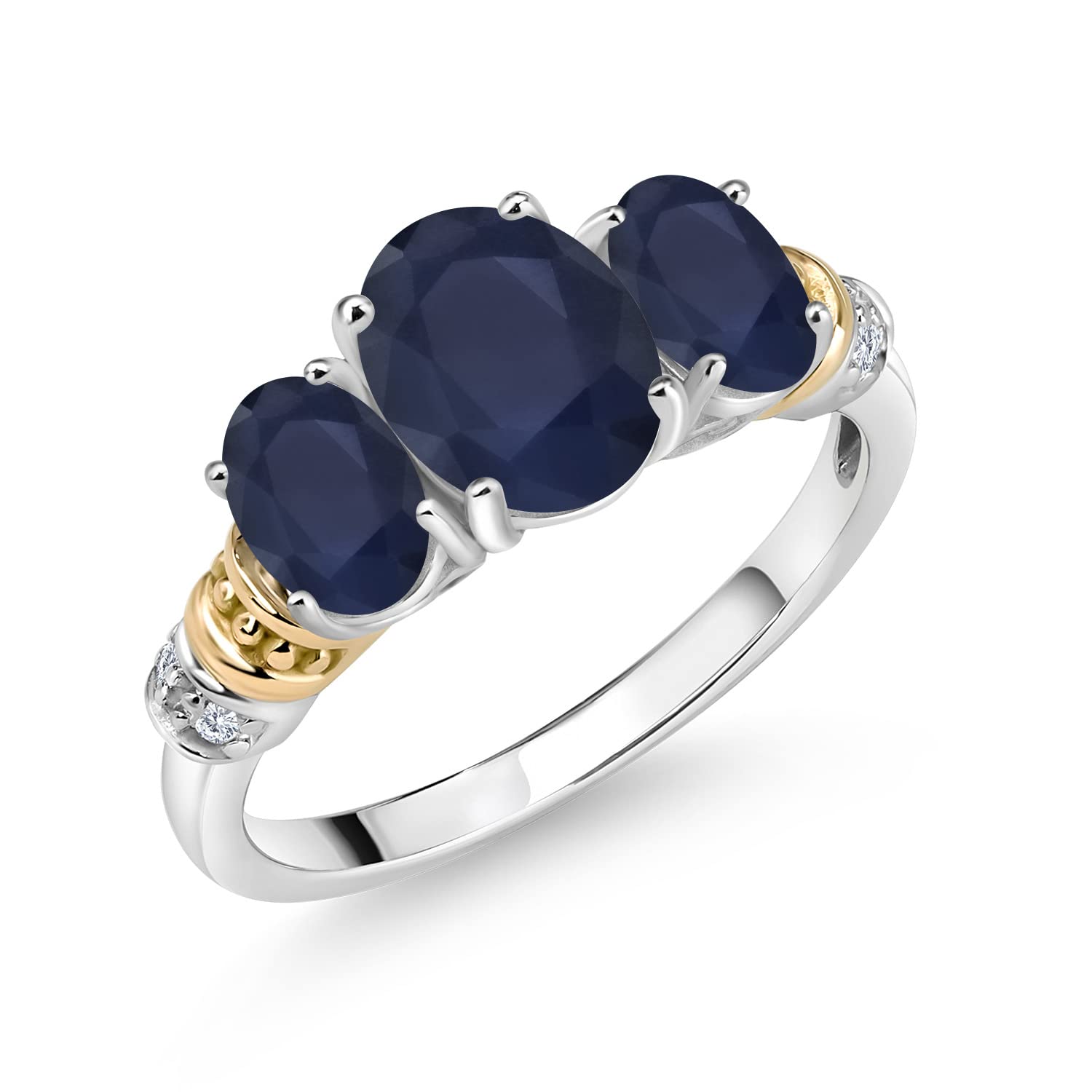 Gem Stone King 925 Sterling Silver and 10K Yellow Gold Oval Blue Sapphire and Diamond 3 Stone Women Ring (2.94 Cttw, Gemstone Birthstone, Available In Size 5, 6, 7, 8, 9)