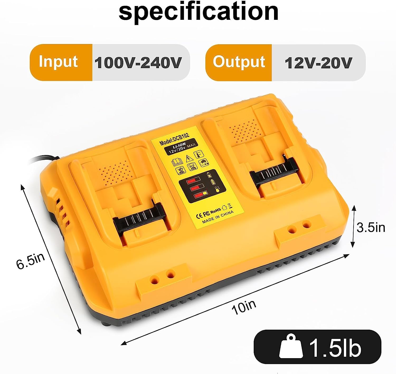 TeenPower 12/20V Max Battery Charger Replacement for Dewalt DCB102 Compatible with 12V 20V Max Lithium Battery DCB124 DCB203 DCB204 DCB606, 2-Port Simultaneous Charging