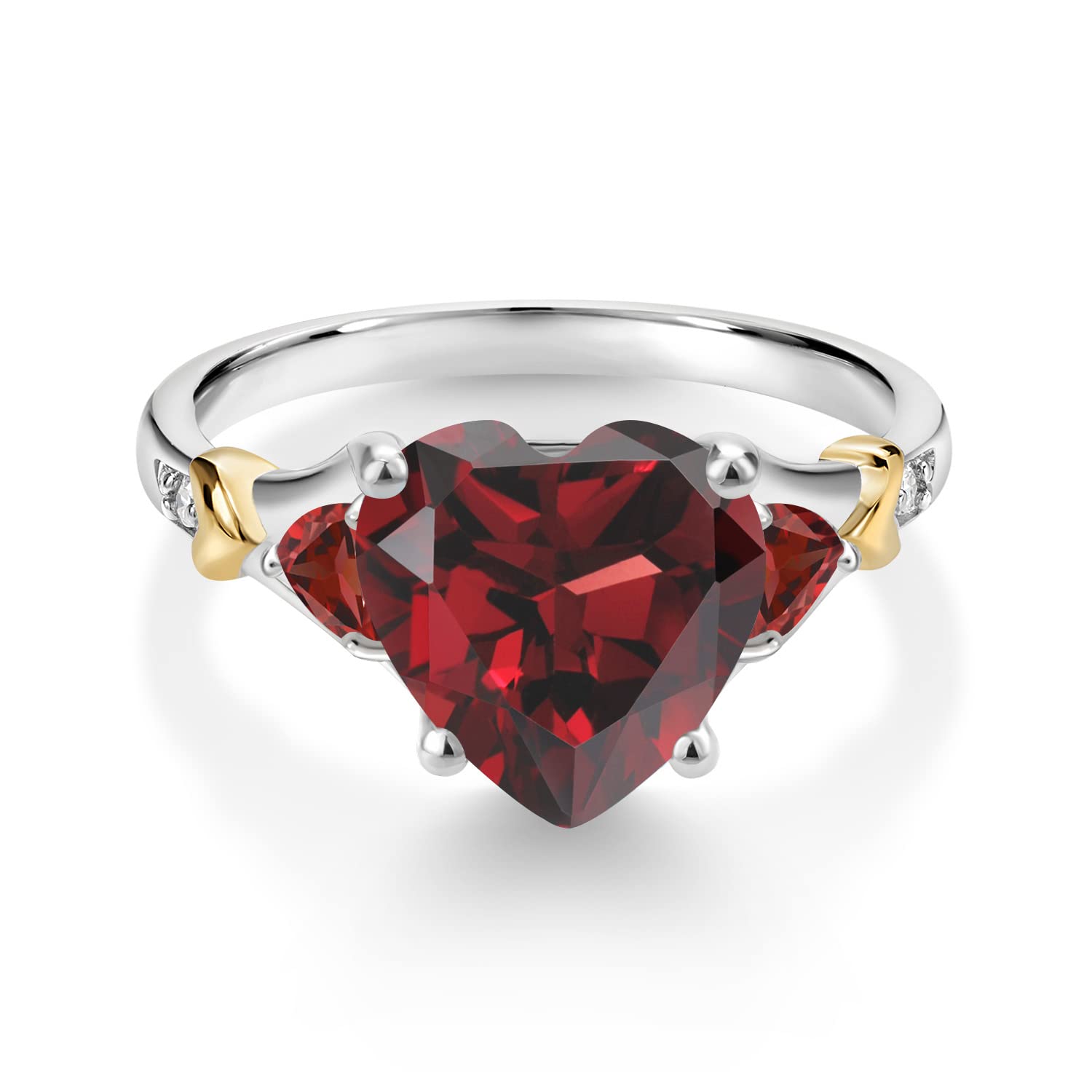 Gem Stone King 925 Silver and 10K Yellow Gold Red Garnet and White Diamond Engagement Ring For Women | 4.42 Cttw | Heart Shape 10MM | Gemstone January Birthstone | Size 9