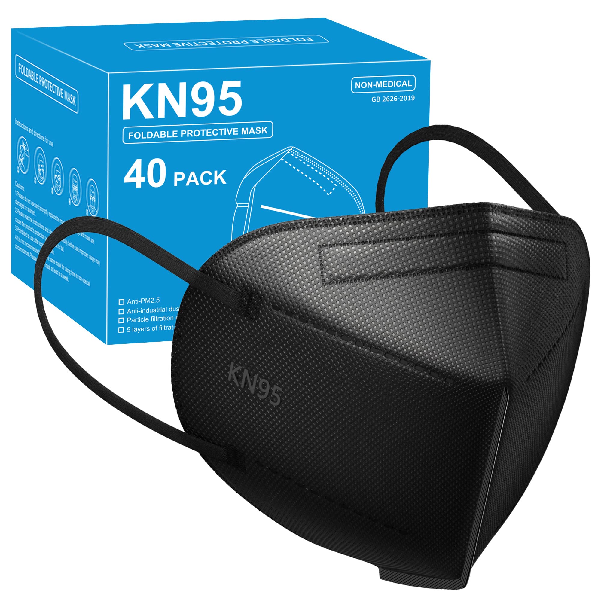 Funight KN95 Face Mask 5-Ply Breathable Filter Disposable Masks Black 40 Pack