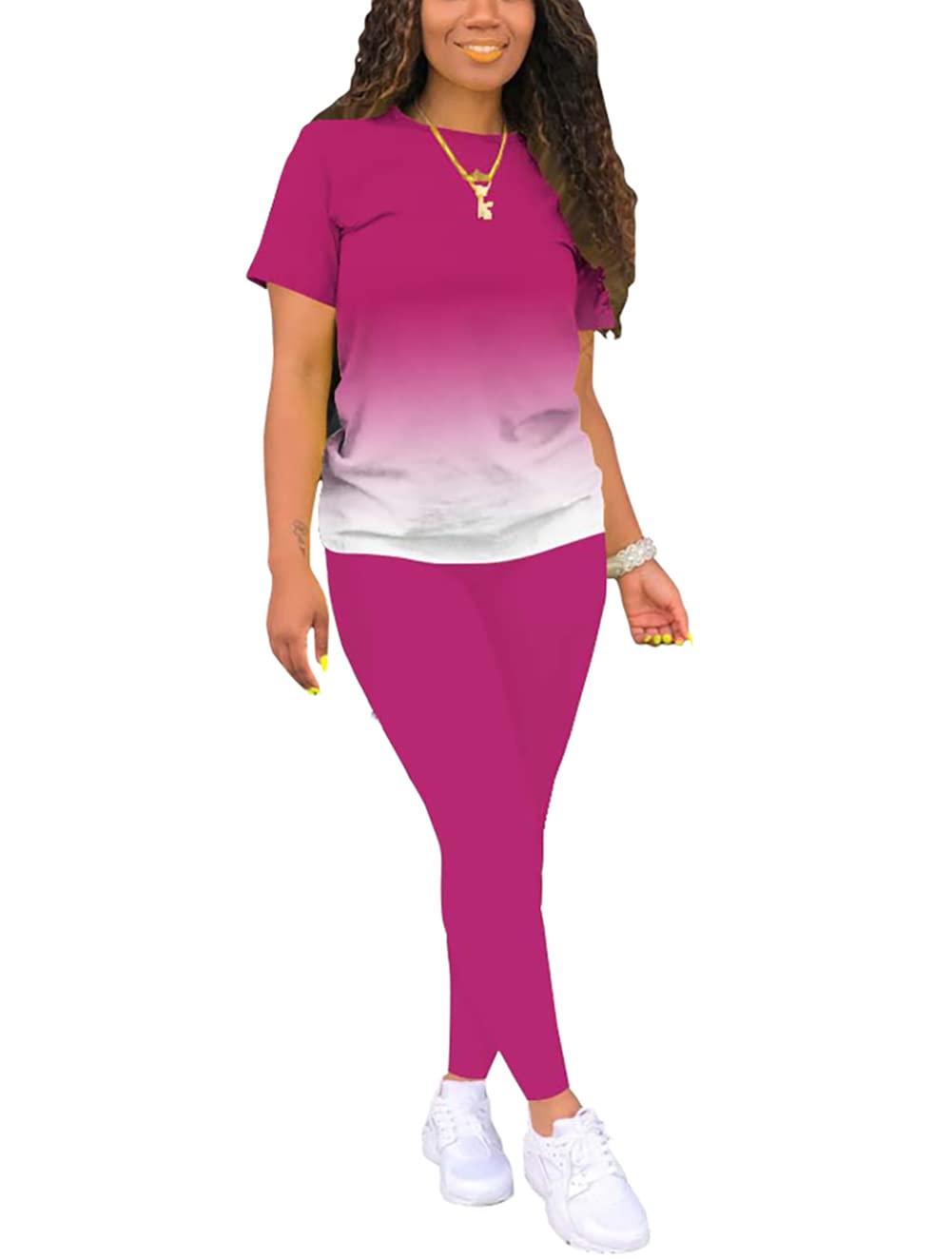 Fooullaide Women Summer 2 Piece Outfit Set Gradient Print Short Sleeve Tops Bodycon Long Sweatpants Tracksuit Sweatsuit