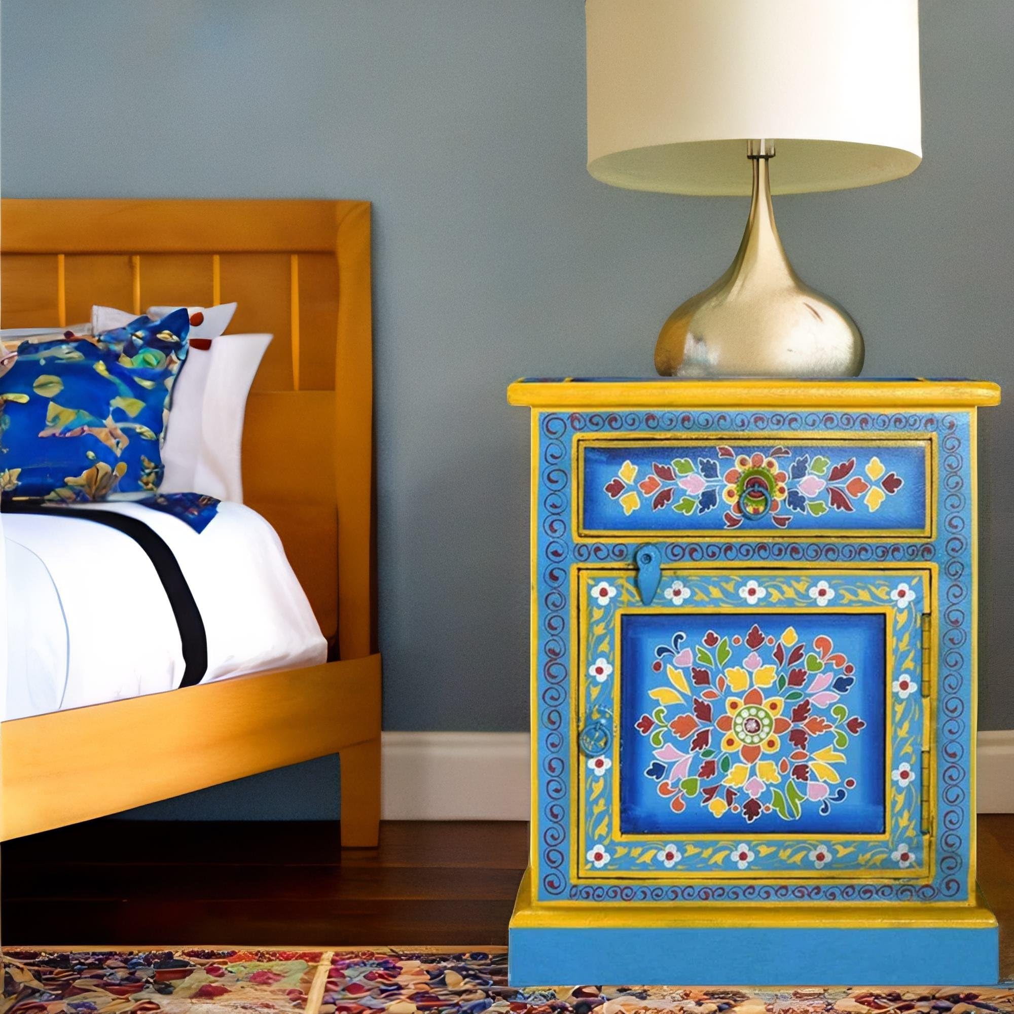 Floral Painted Wooden Nightstand Table, Handicraft Side Table/Bedside Table/Lamp Stand Table/Storage Table