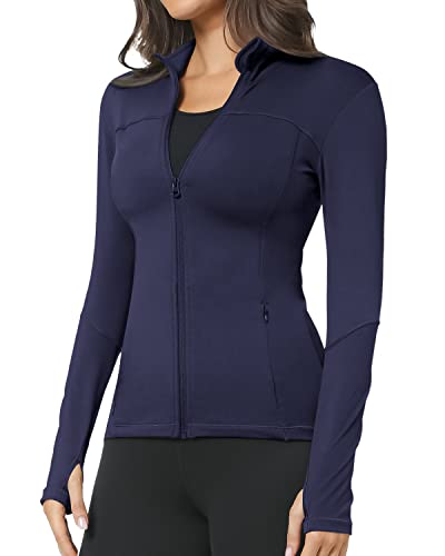 GYM RAINBOW Womens Fleece Zip Up Athletic Jacket Slim Fit Lightweight Running Workout Track Jacket(1-Fleece Lined Deep Blue,Small)
