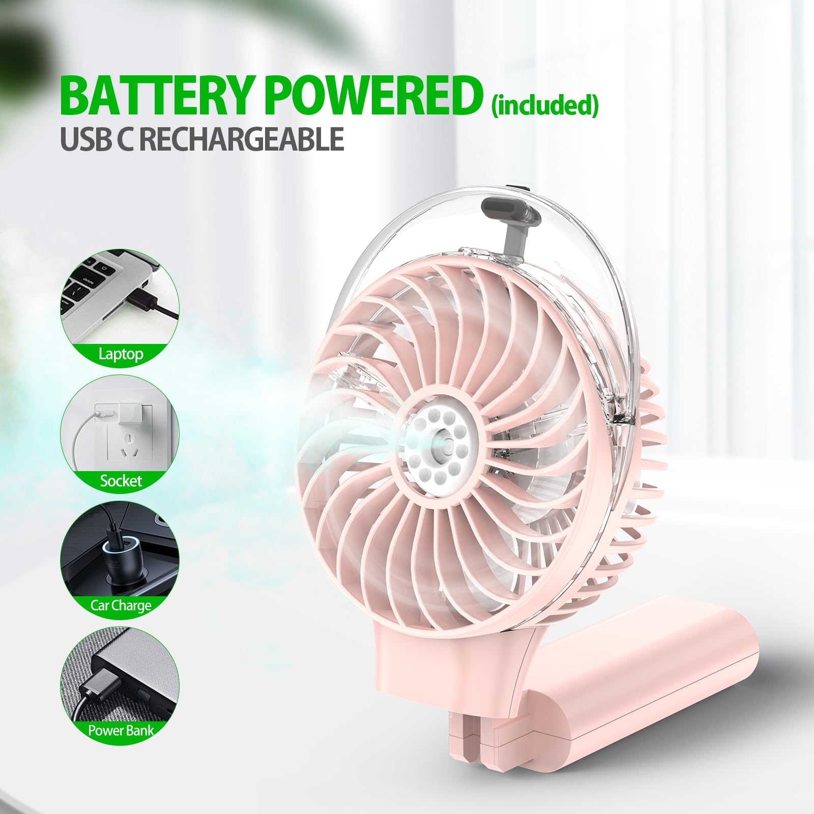 MORECORE Portable Handheld Misting Fan, Battery Operated Personal Spray Water Mist Fan, Rechargeable Mister Fan, Mini Foldable Fan for Disney Travel Makeup Beach Outdoors (Pink)